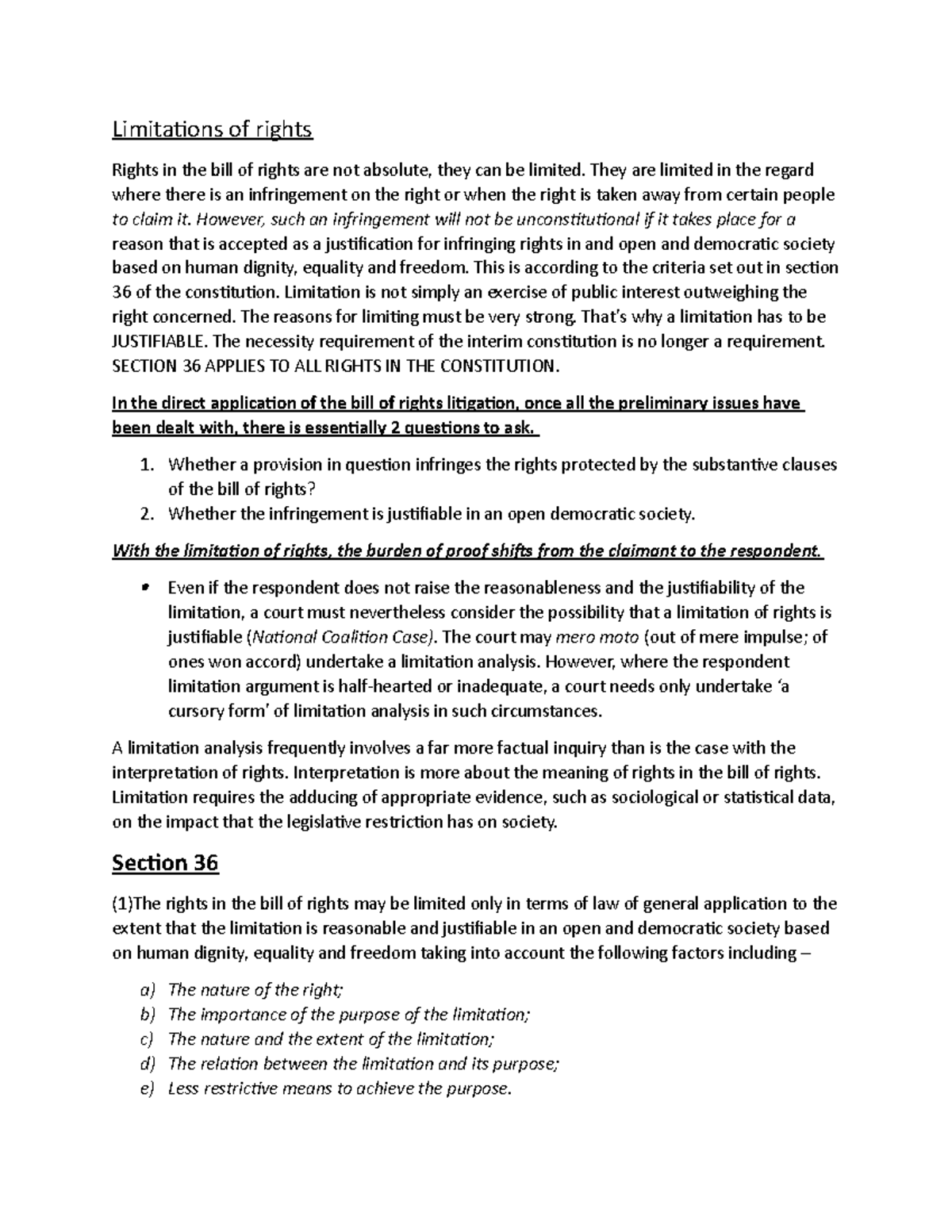 Limitations of rights - Limitations of rights Rights in the bill of ...