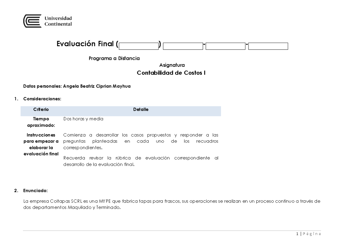 Prueba Final de Contab. Costos I rúbrica.docx Angela Beatriz Ciprian ...