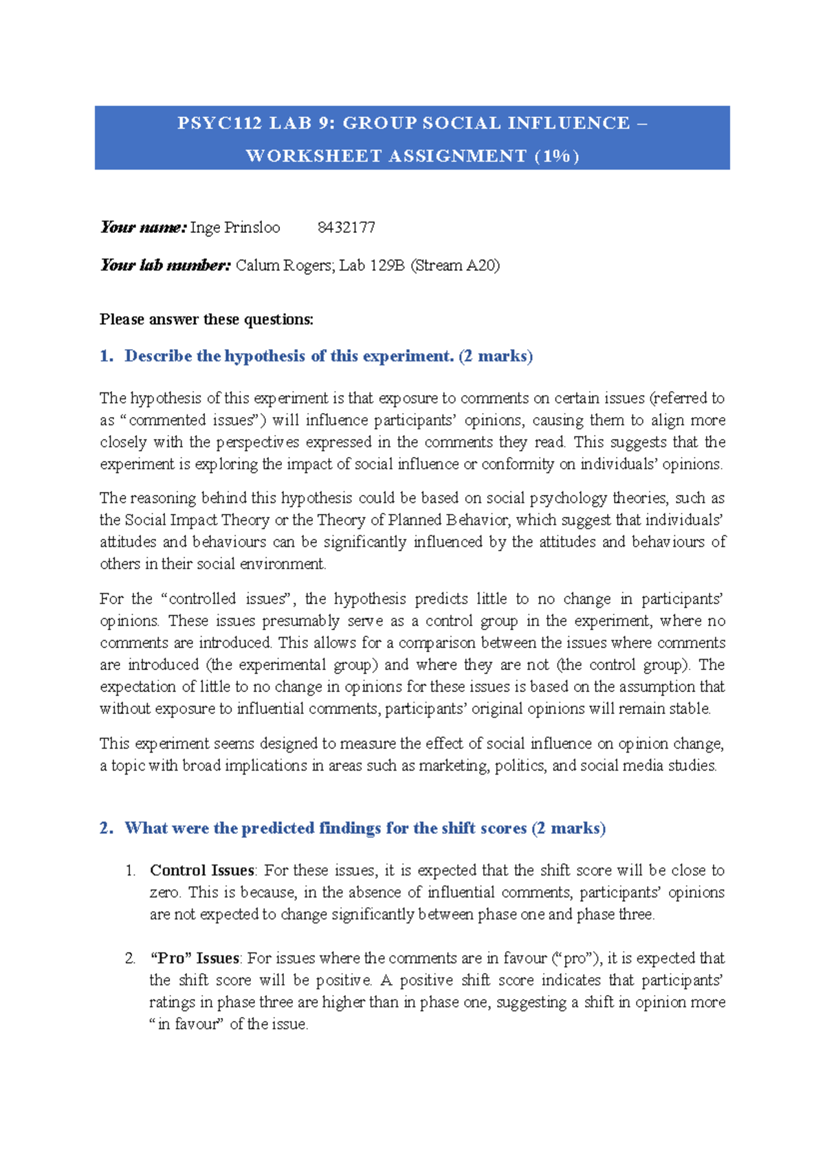 PSYC112 LAB 9 Social Influences Worksheet - PSYC112 LAB 9: GROUP SOCIAL ...