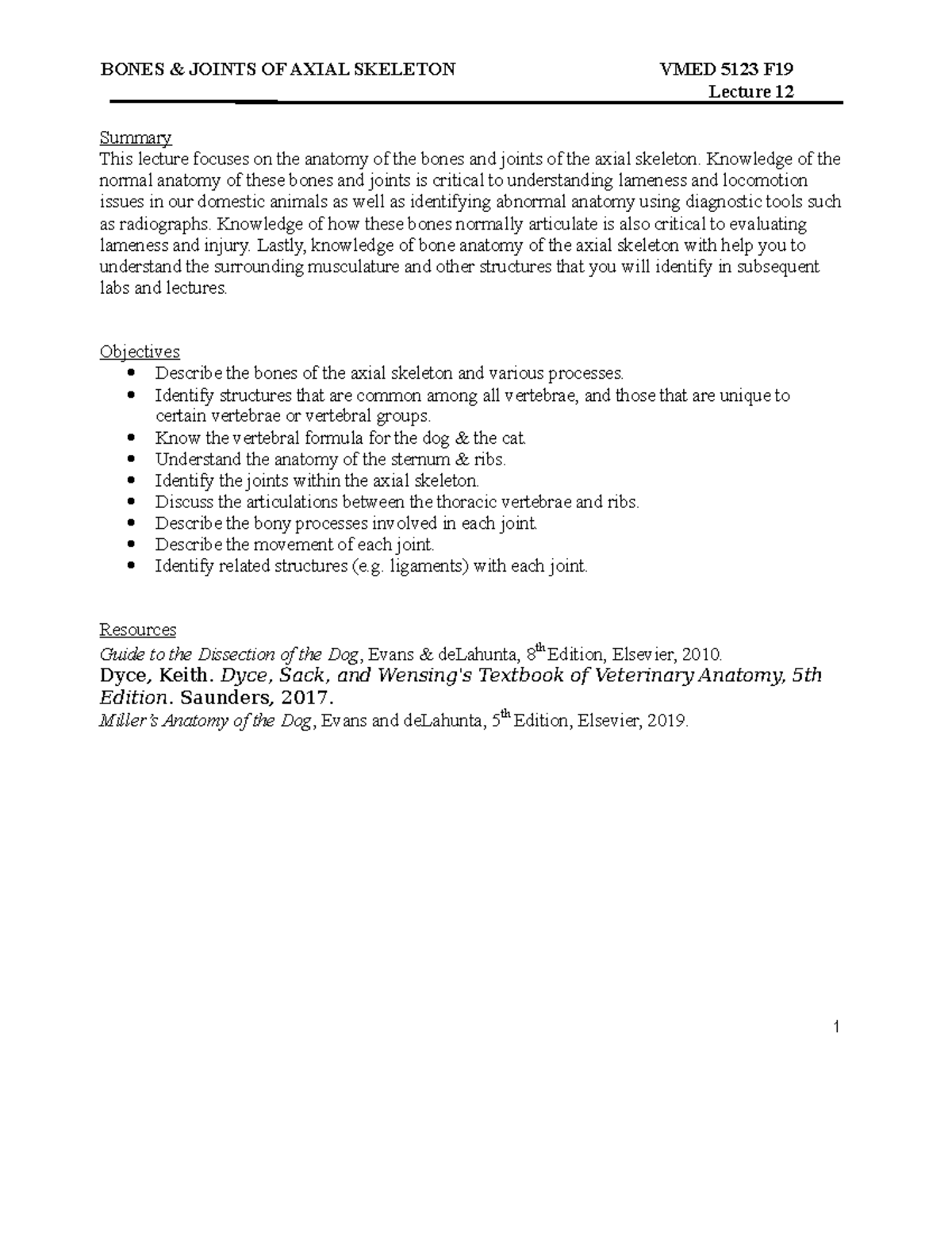 Bones and Joints of the Axial Skeleton - Lecture 12 Summary This ...