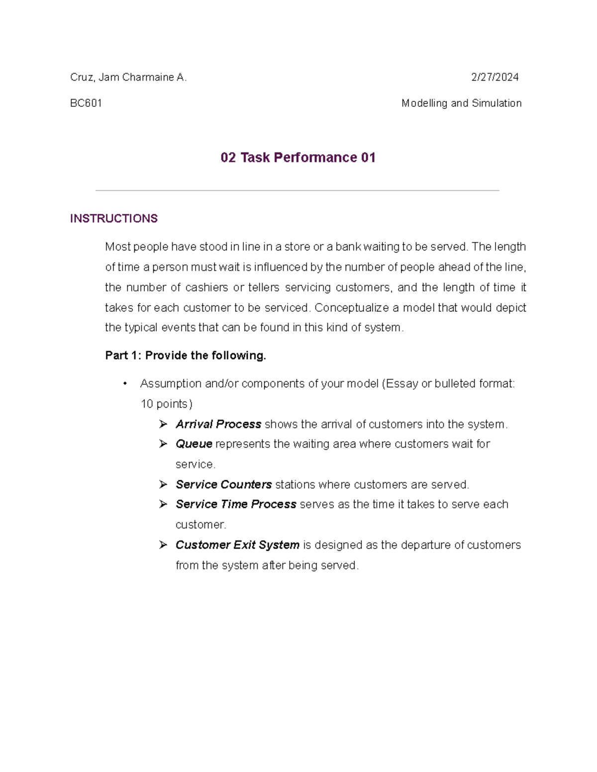 BC601 Cruz 02 Task Performance 01 Models - Cruz, Jam Charmaine A. 2/27/ BC601 Modelling and ...