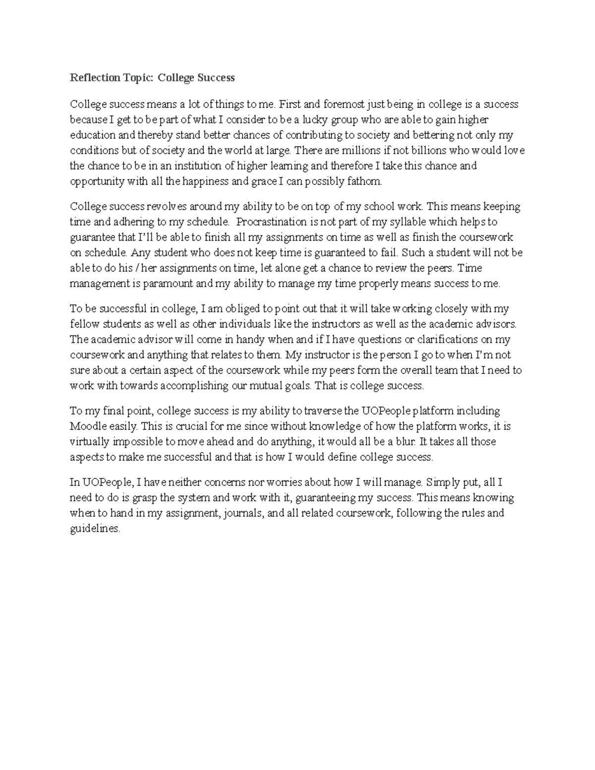 Assignment Reflection Topic College Success - Reflection Topic: College ...