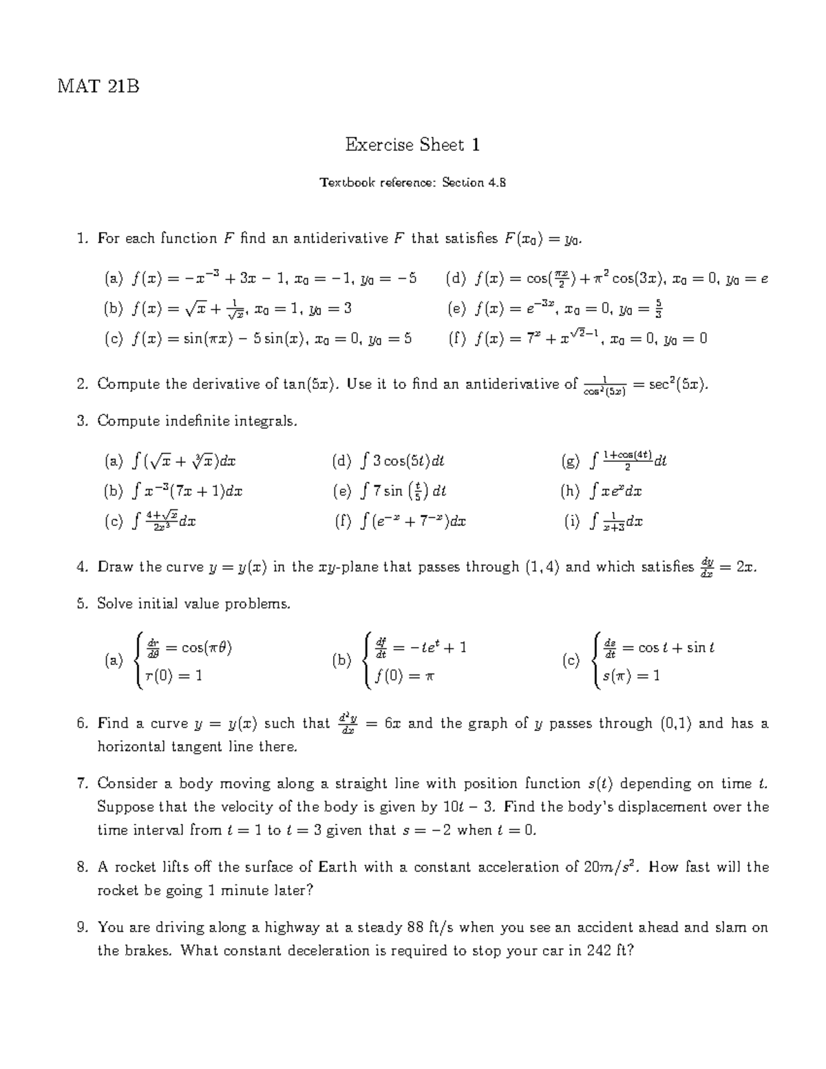 21B-Exercise Sheet 1 - Practice questions for integration - MAT 21B ...
