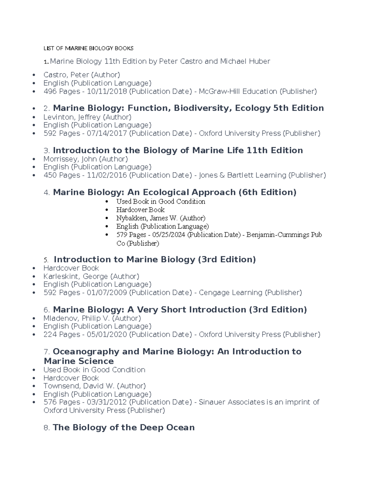 LIST OF Marine Biology Books - LIST OF MARINE BIOLOGY BOOKS 1. Marine ...