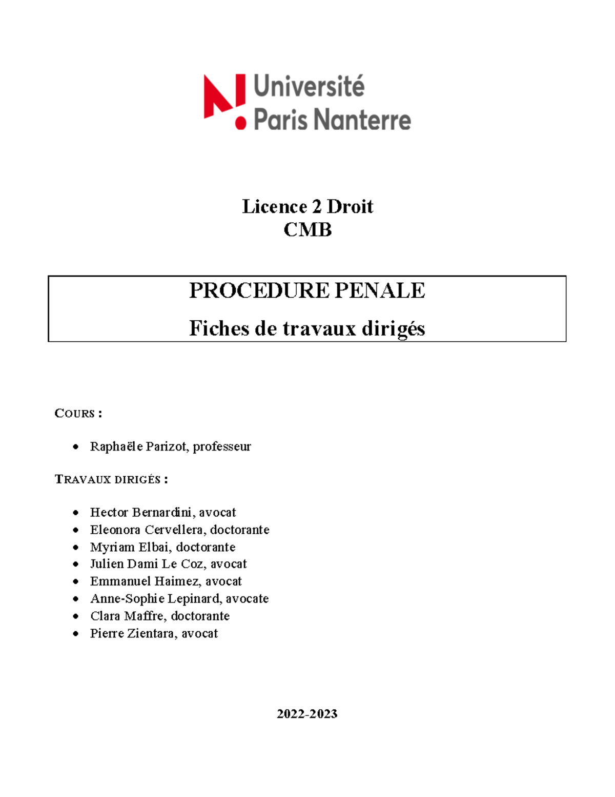 Fascicule-TD 2023 définitif PDF - Licence 2 Droit CMB PROCEDURE PENALE Fiches de travaux dirigés ...