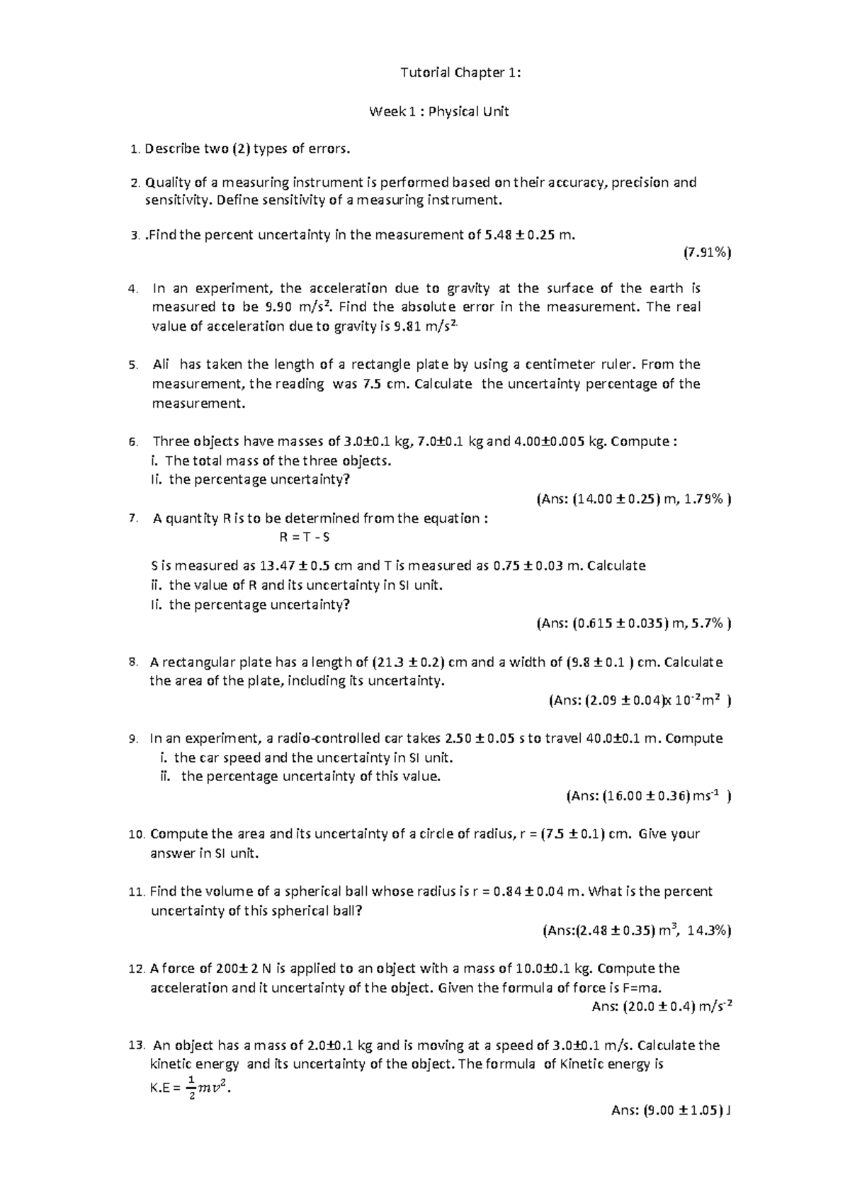 Tutorial PHY110 Chapter 1 WEEK 1 updated - Tutorial Chapter 1: Week 1 : Physical Unit Describe ...
