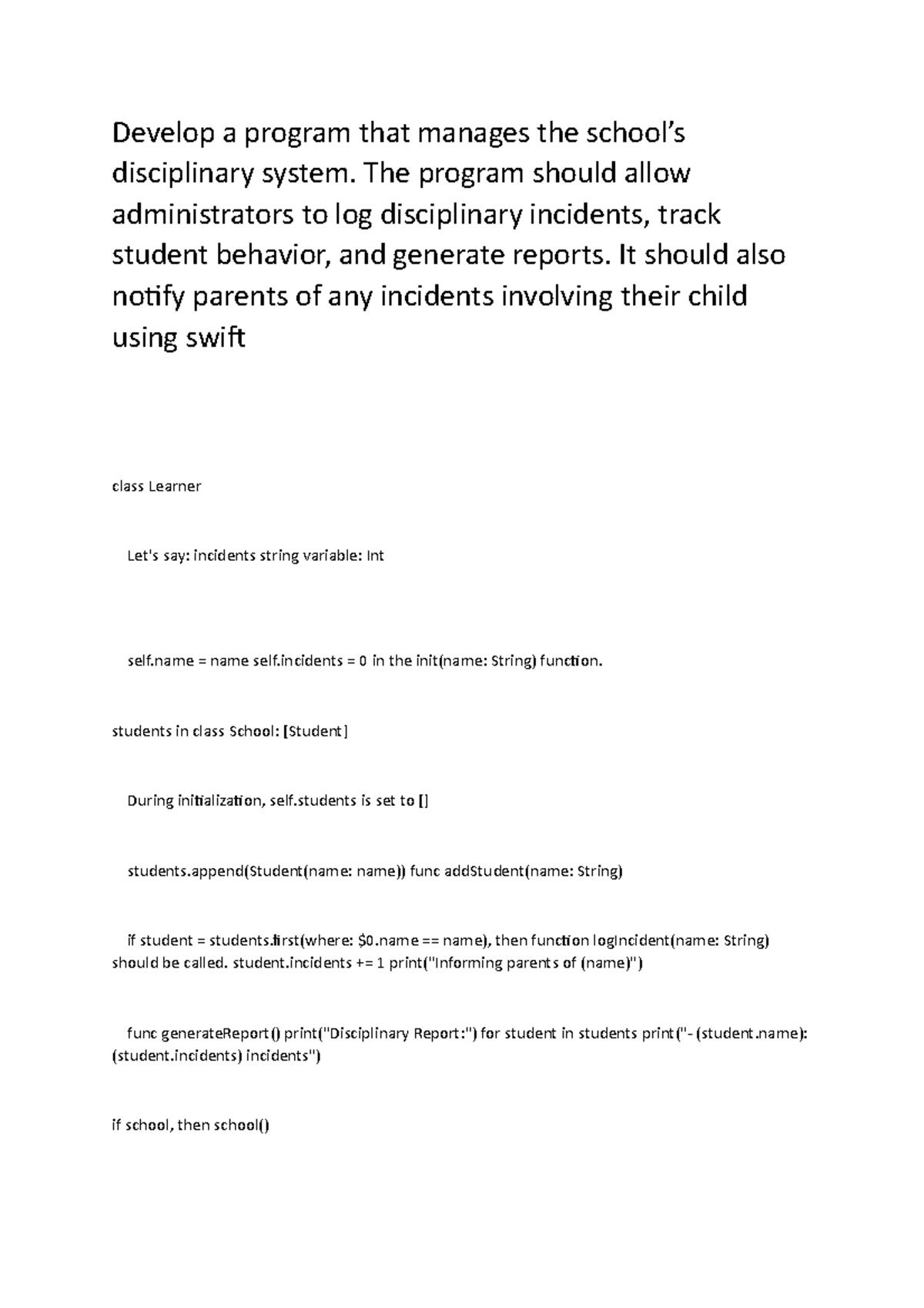 Comp6076 Assign 11 Swift Develop A Program That Manages The Schools Disciplinary System The