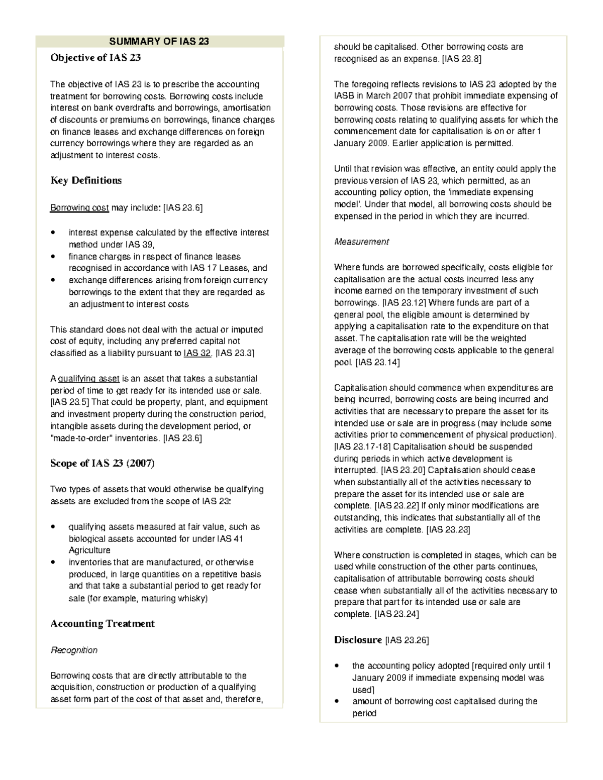 Summary OF IAS 23 Borrowing Costs copy - SUMMARY OF IAS 23 Objective of ...