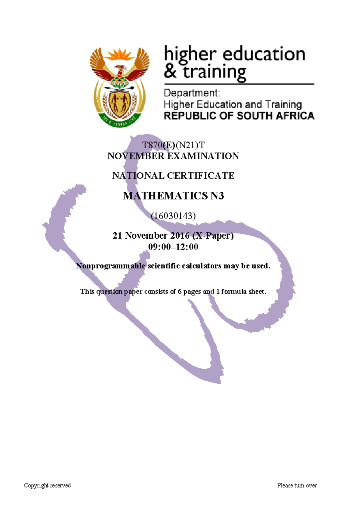 2016 n3 mathematics november 2016 - T870(E)(N21)T NOVEMBER EXAMINATION ...