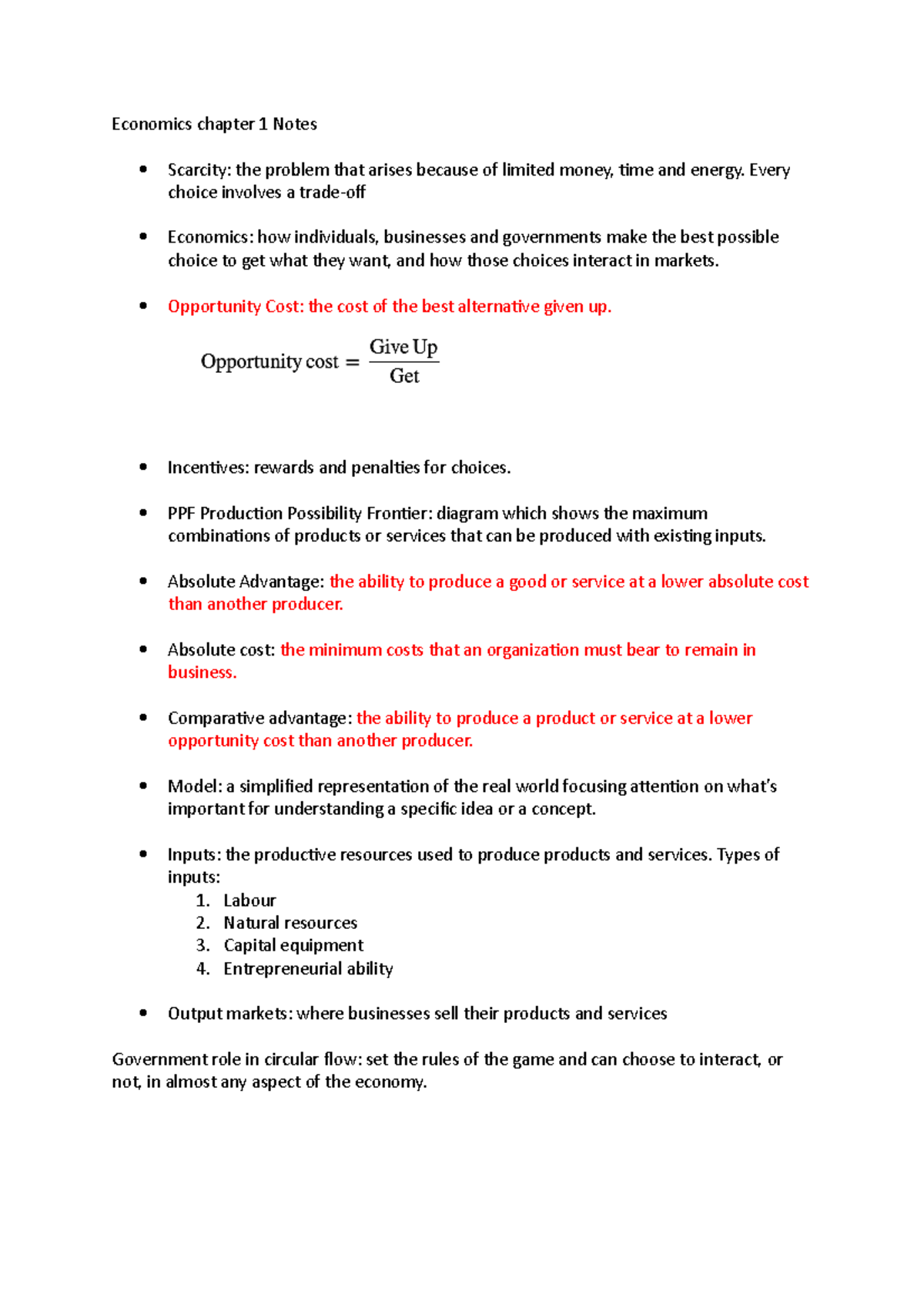 Chapter 1 Opportunity Cost - Economics chapter 1 Notes Scarcity: the ...