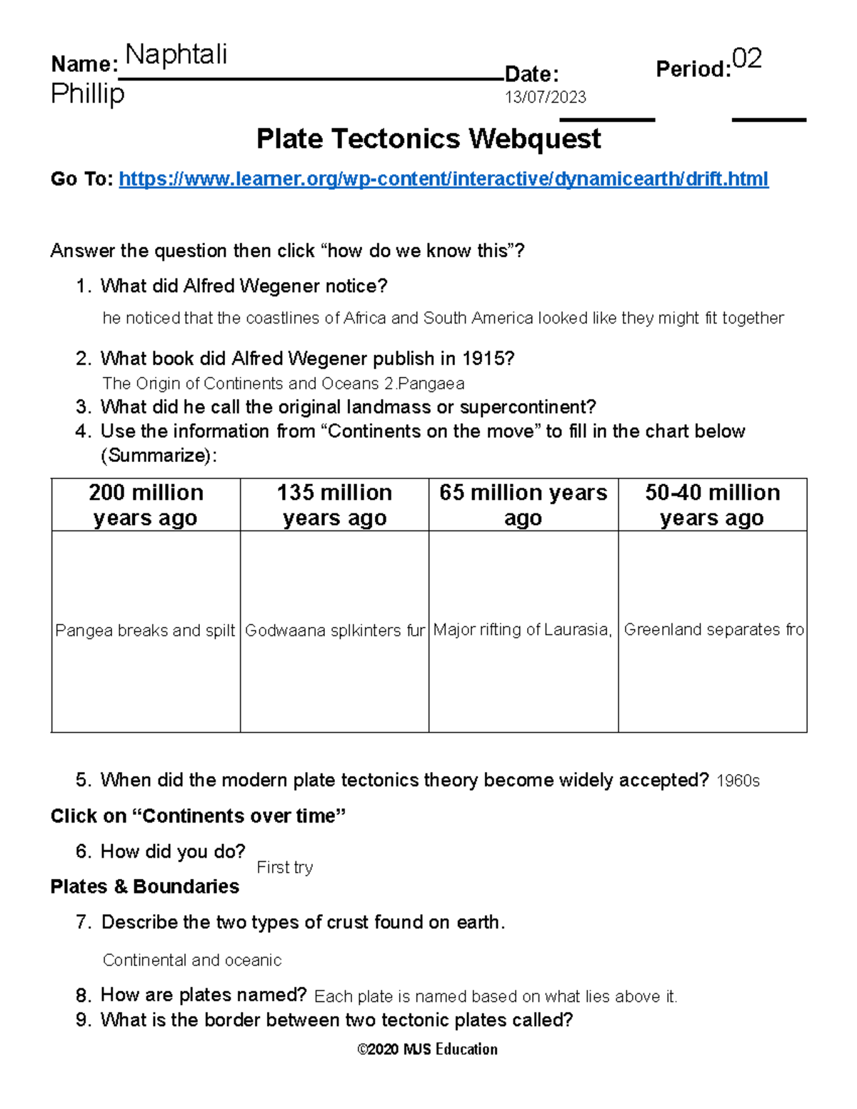 Plate tectonics webquest digital copy - Name: Naphtali Phillip Date: 13 ...
