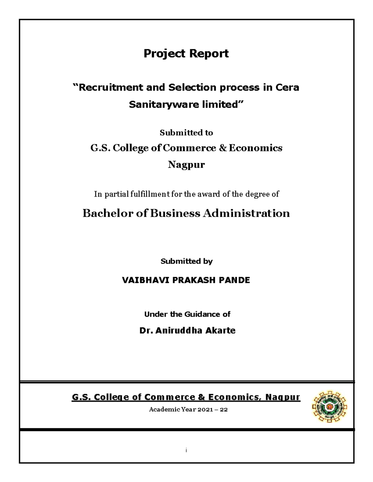 78 - I need to make a project need help with it - i Project Report “Recruitment and Selection ...