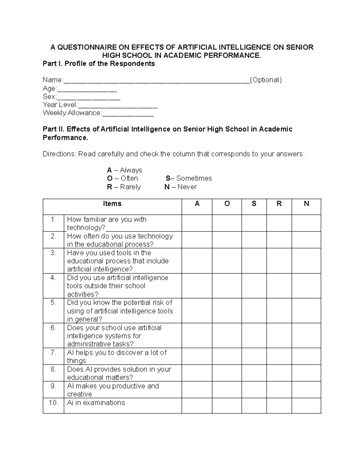 Document - lecture - A QUESTIONNAIRE ON EFFECTS OF ARTIFICIAL ...
