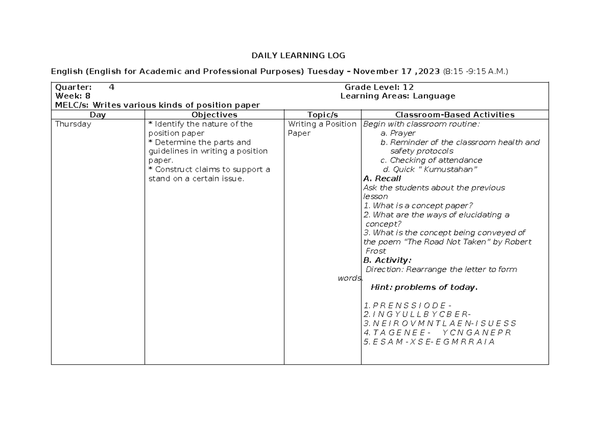 Weekly Learning PLAN 2022 EAPP Position Paper - DAILY LEARNING LOG ...