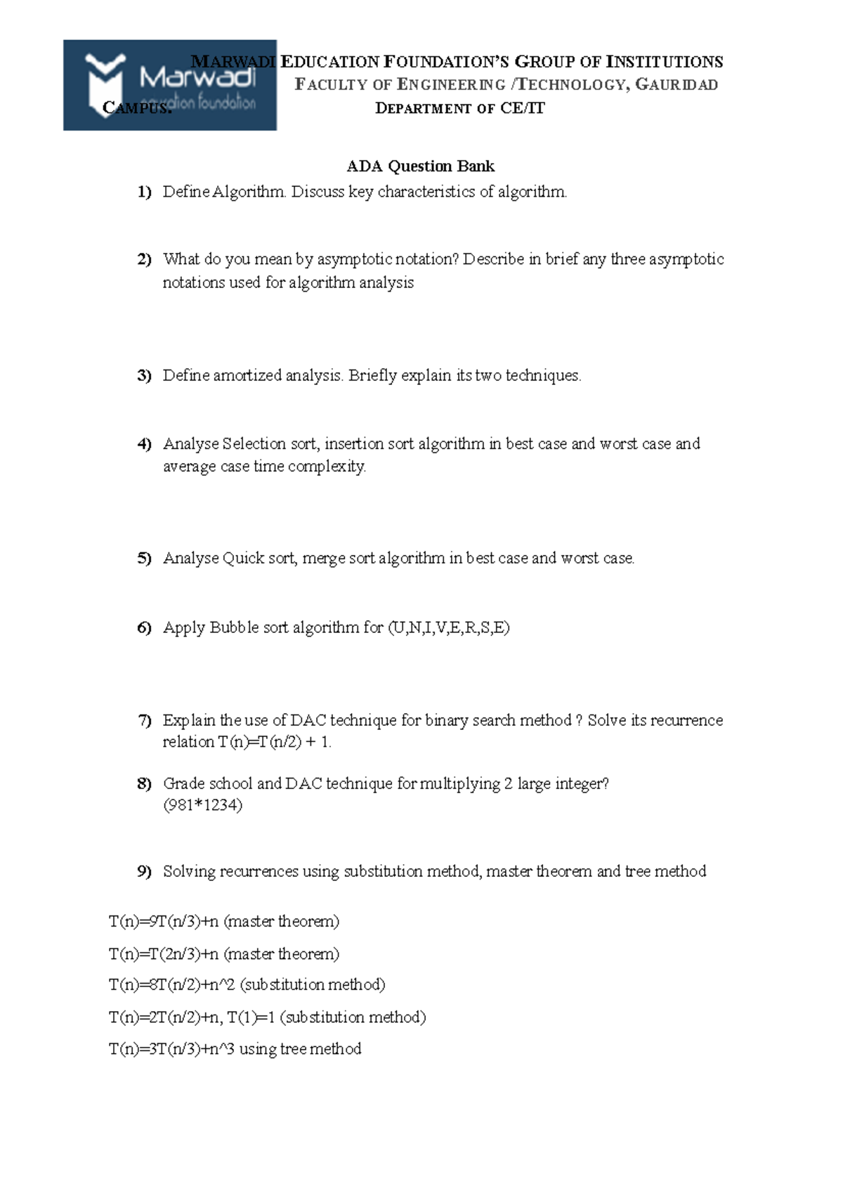 ADA Question Bank - it's contain important quetions. - MARWADI ...