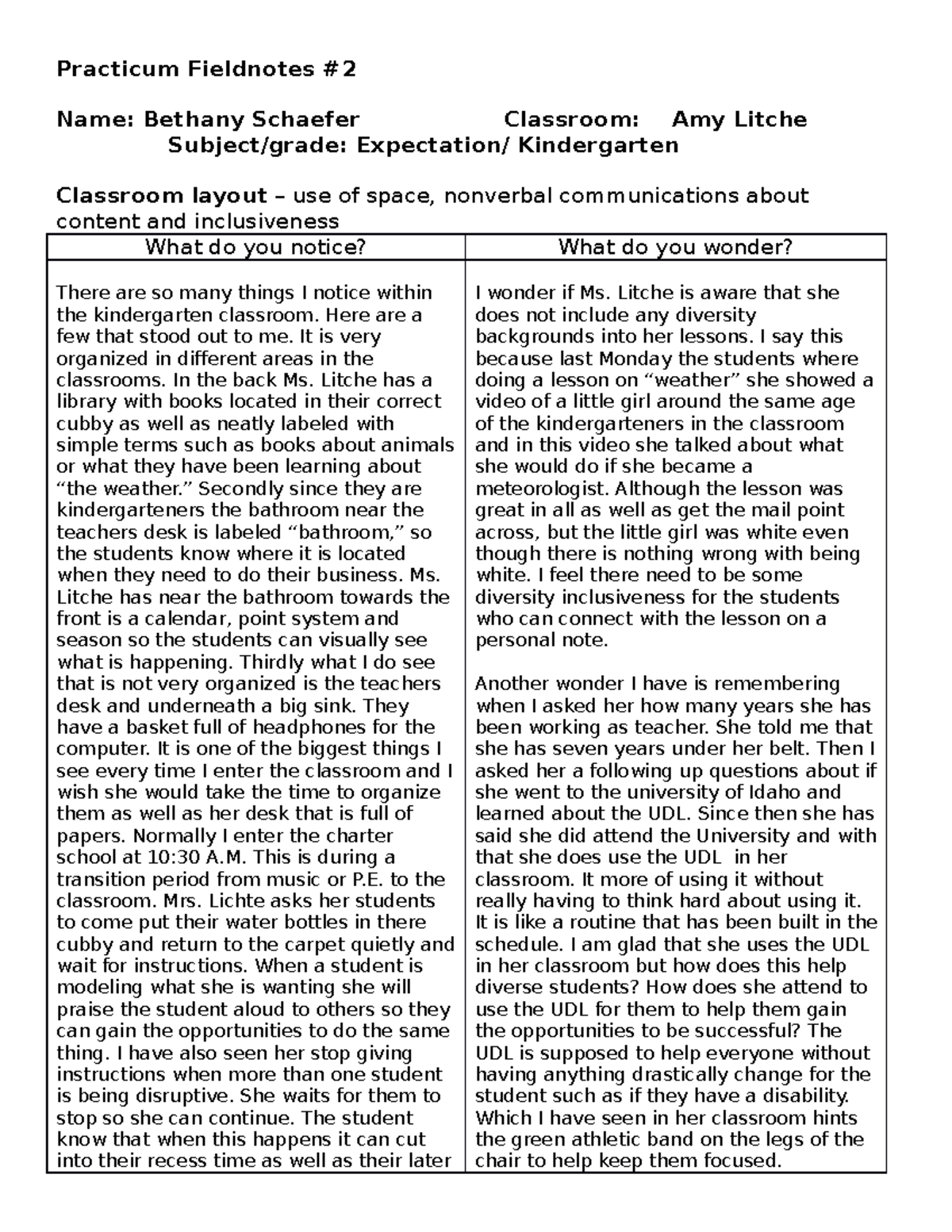 Practicum Observation Fieldnotes #2 - Practicum Fieldnotes Name ...