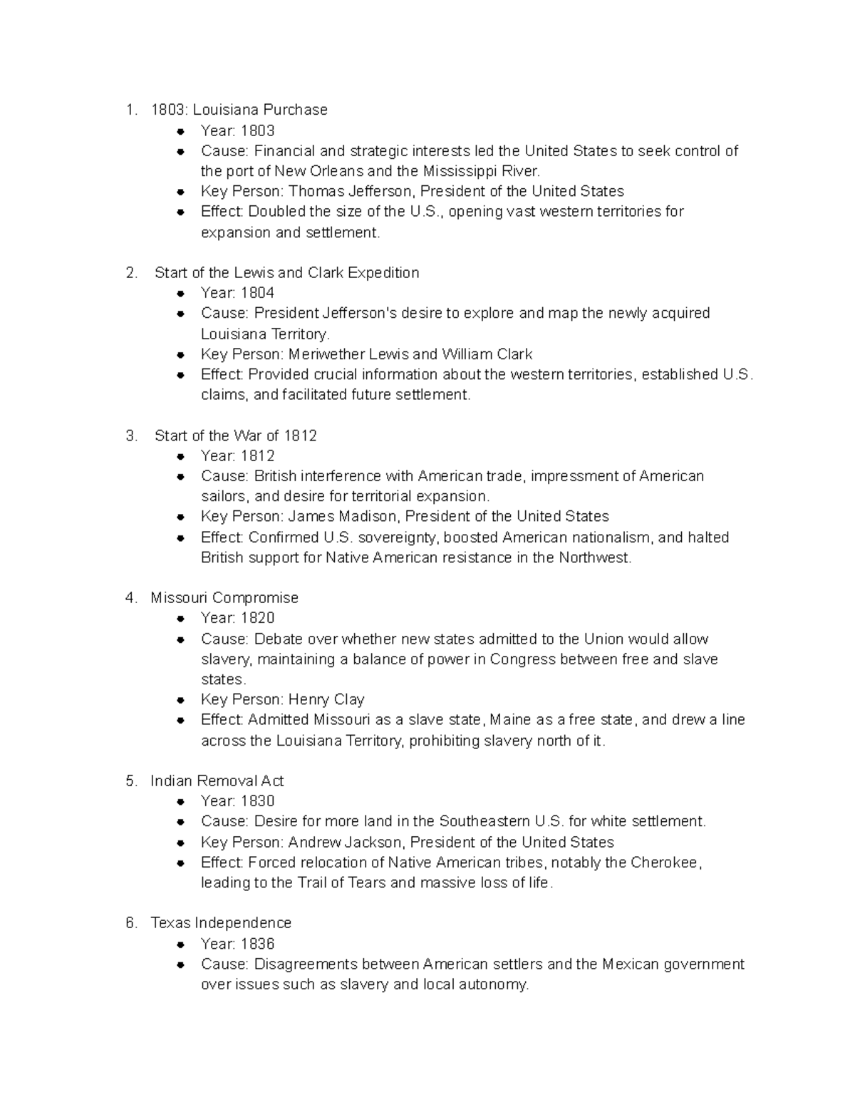 Timeline TP 4 (1800-1848) - 1803: Louisiana Purchase Year: 1803 Cause: Financial and strategic ...