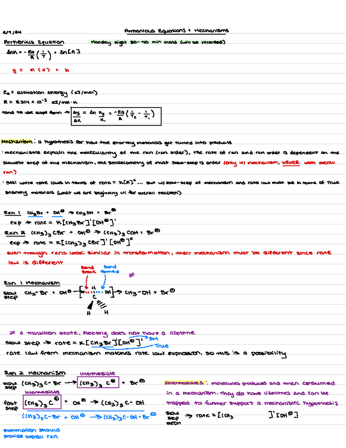 CHEM 1450 Notes (2-9-24) - 2/9/24 Arrhenious Equations + Mechanisms ...
