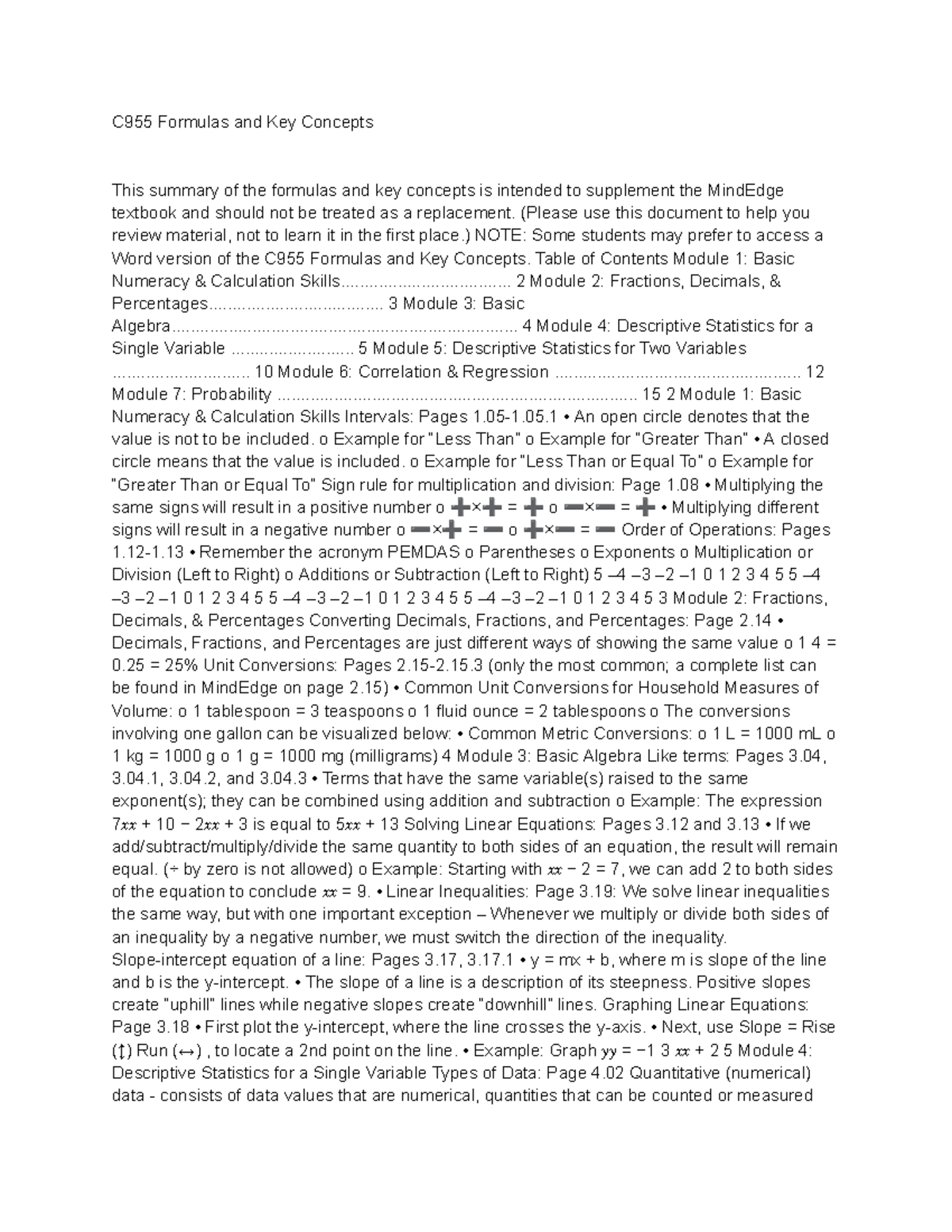 Untitled document - C955 Formulas and Key Concepts This summary of the formulas and key concepts ...