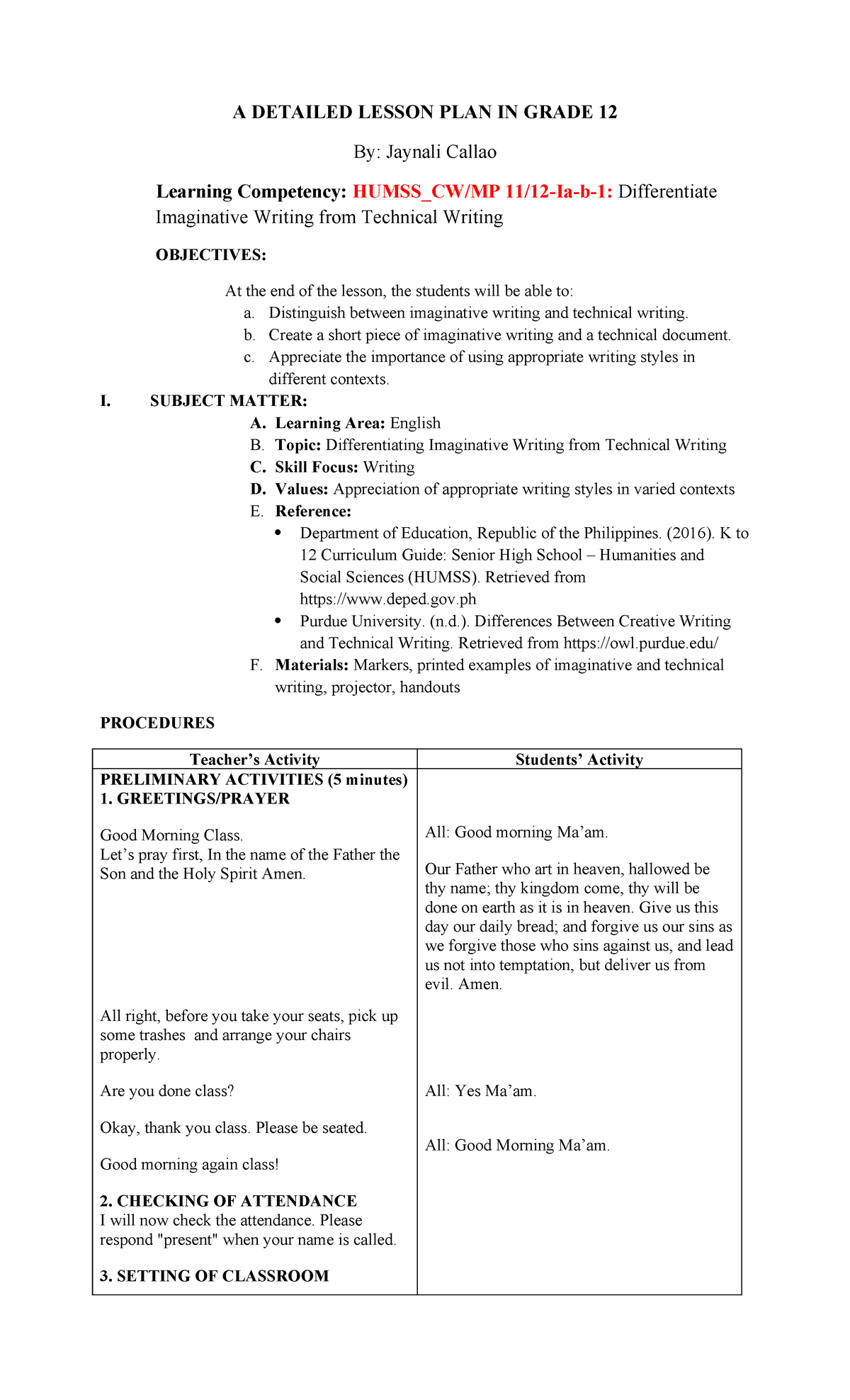Technical writing 5E's LP - A DETAILED LESSON PLAN IN GRADE 12 By ...