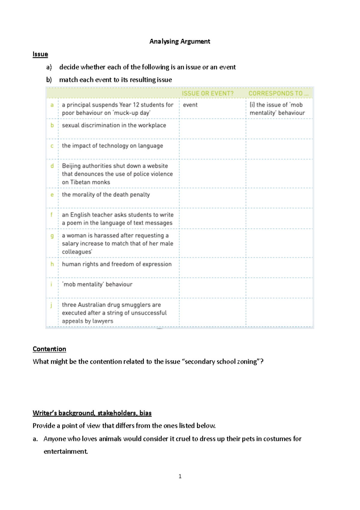 Analysing Argument - worksheet - Analysing Argument Issue a) decide ...