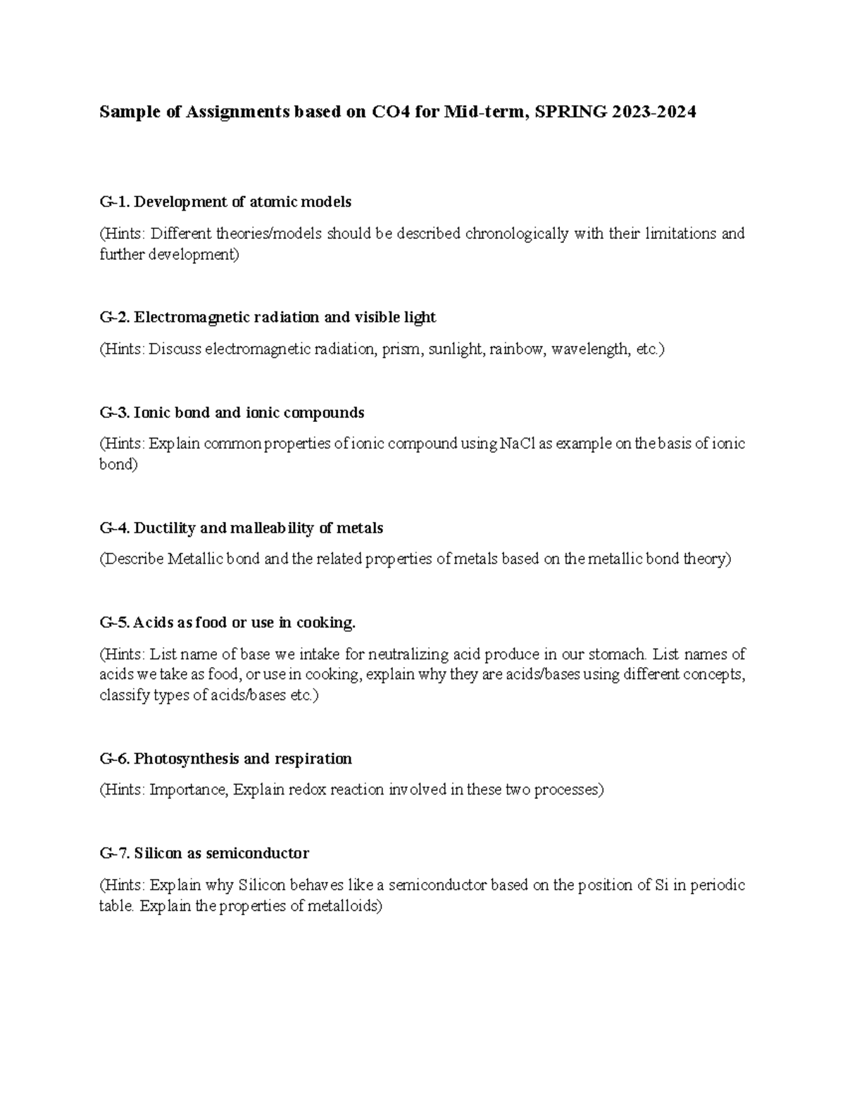 Assignments List CO4 Mid - Sample of Assignments based on CO4 for Mid-term, SPRING 2023 - 2024 G ...