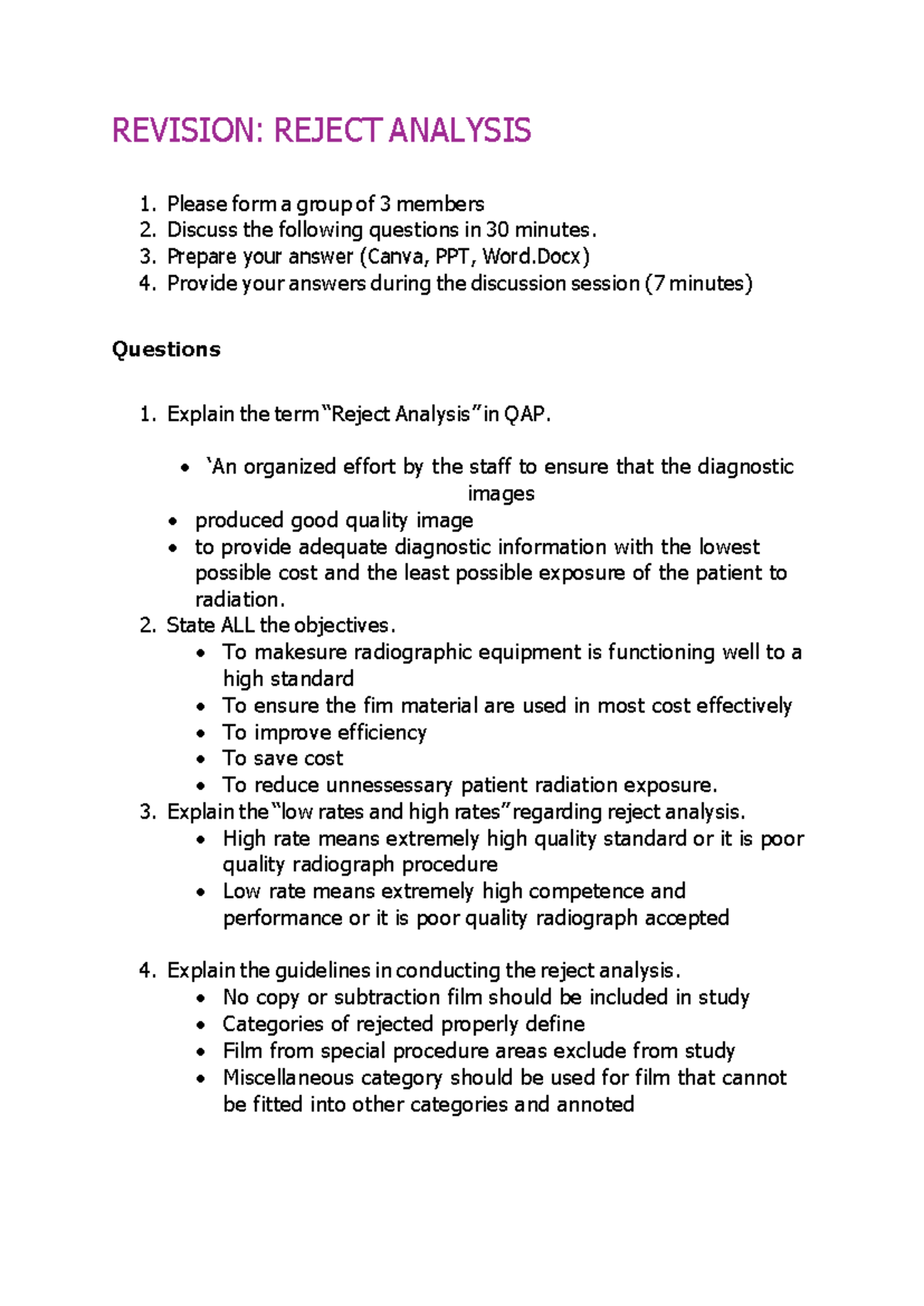 Revision Reject Analysis MIT263 - REVISION: REJECT ANALYSIS Please form a group of 3 members ...
