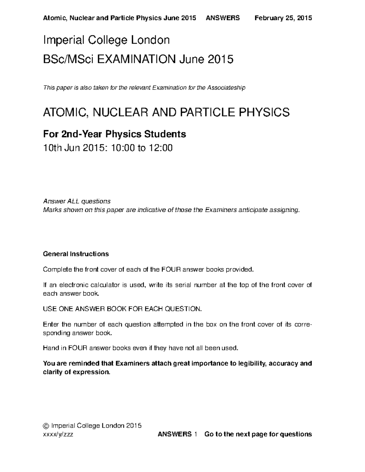 Exam 2015, questions - Atomic, Nuclear and Particle Physics June 2015 ...