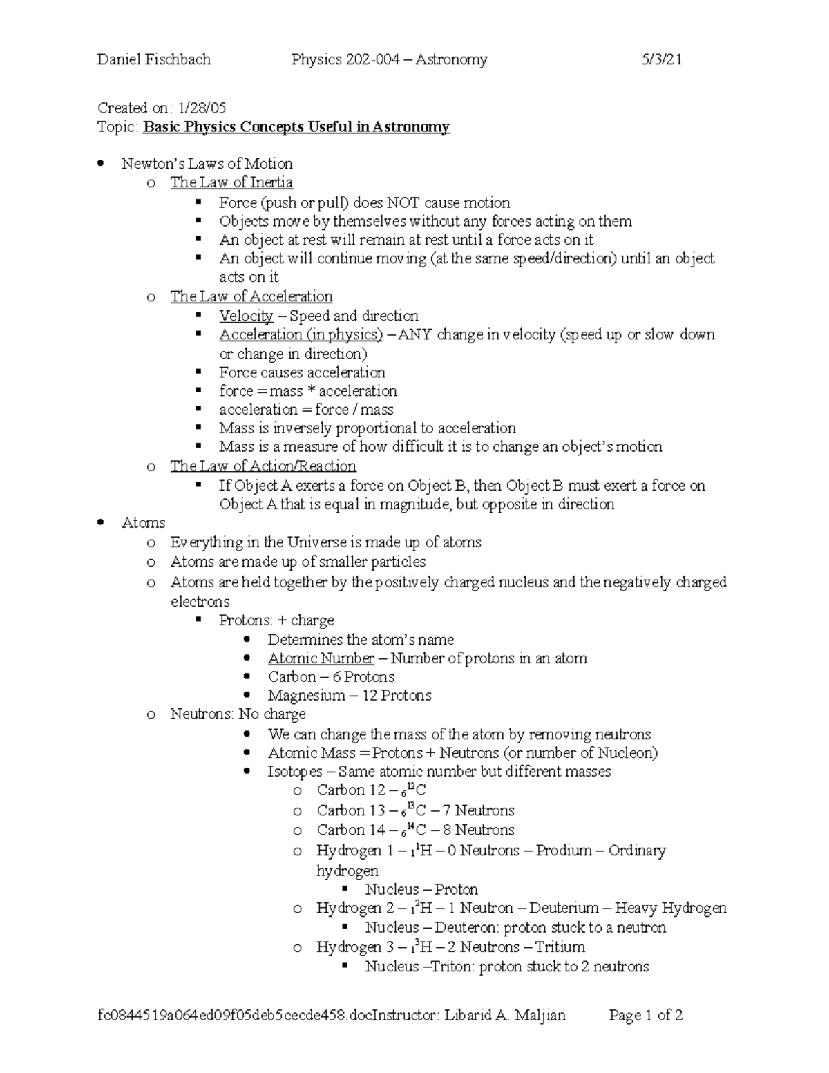 Basic Physics Concepts Useful in Astronomy Notes - Daniel Fischbach ...