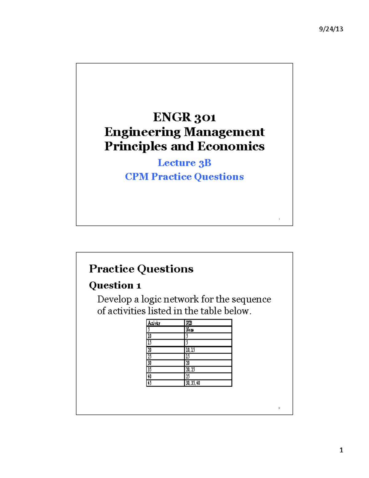 Lecture 3b Planning And Scheduling 9 24 13 1 Engr 301 Engineering Management Principles And