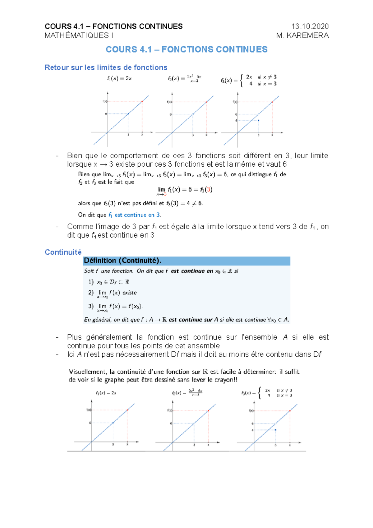 4.1 Fonctions continues - MATHÉMATIQUES I M. KAREMERA COURS 4 – FONCTIONS CONTINUES Retour sur ...