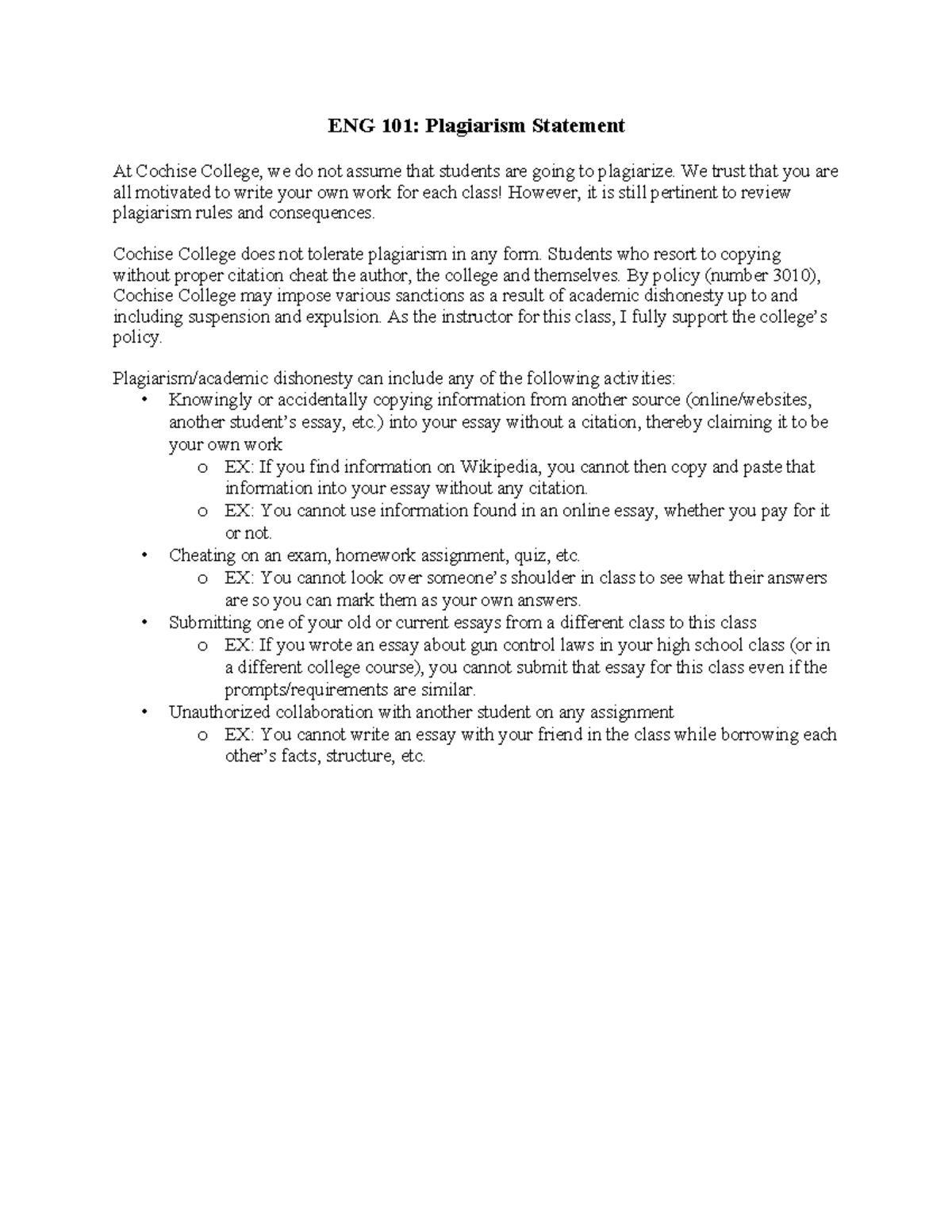 ENG 101 Plagiarism Statement - ENG 101: Plagiarism Statement At Cochise ...