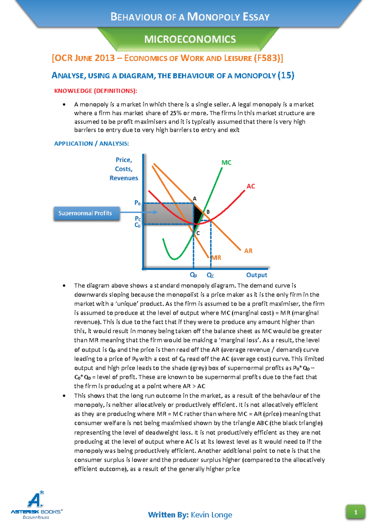 Behaviour of a Monopoly Essay (OCR) - MICROECONOMICS B EHAVIOUR OF A M ...