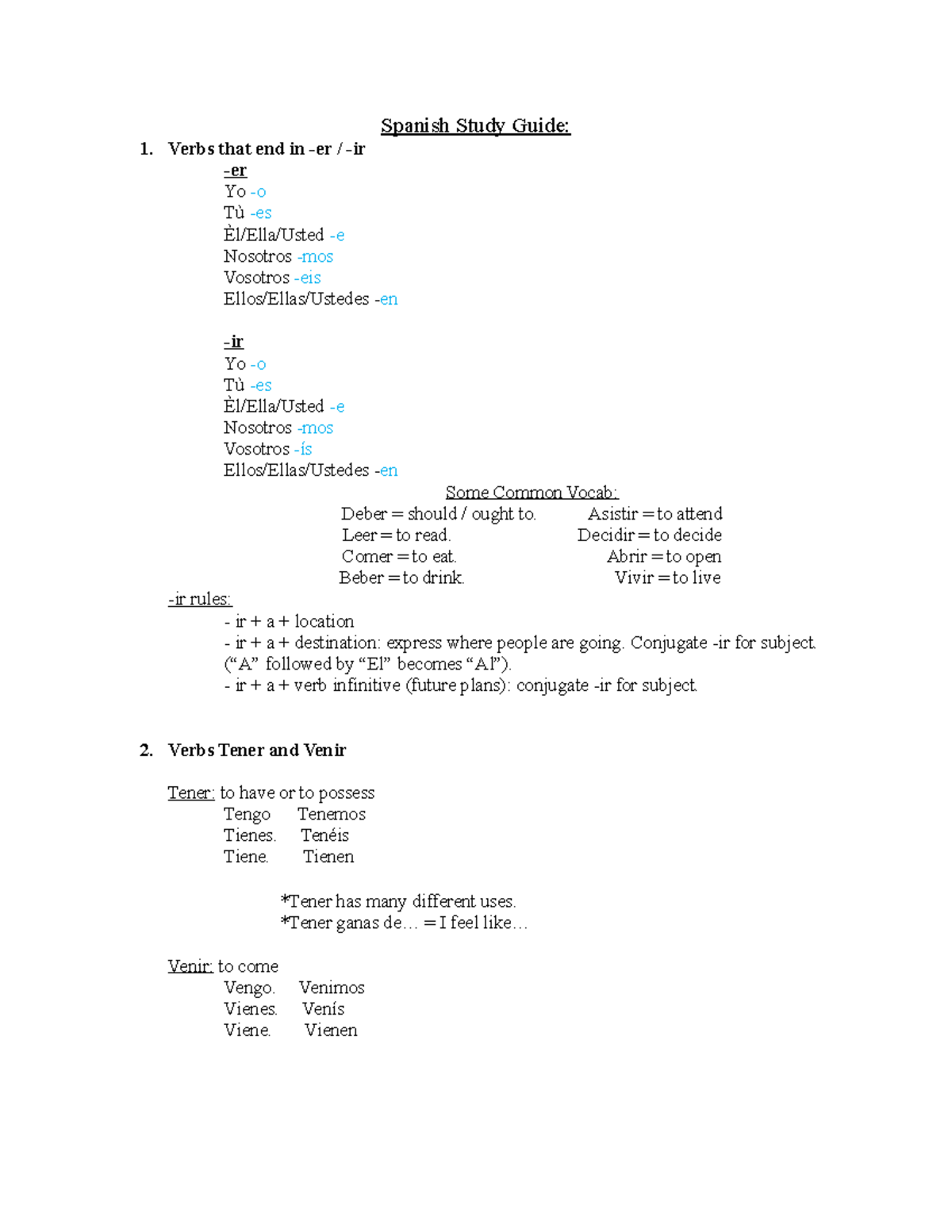 Spanish Final Study Guide - Spanish Study Guide: Verbs that end in -er ...