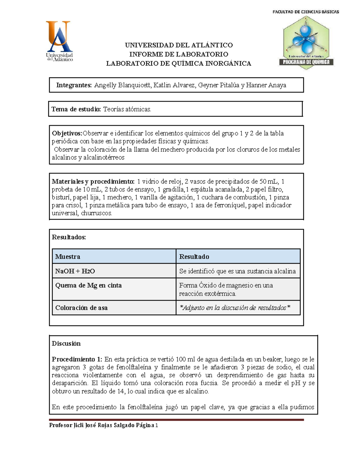 Informe Teorías Atómicas Universidad Del AtlÁntico Informe De