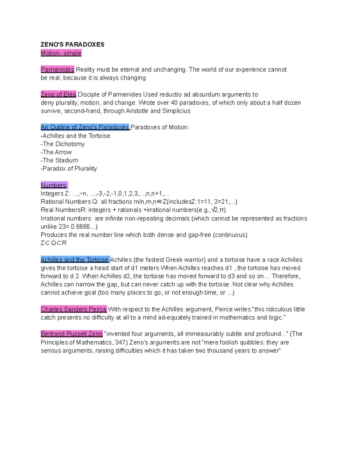 Exam 2 - notes for exam 2 - ZENO'S PARADOXES Motion- simple Parmenides ...