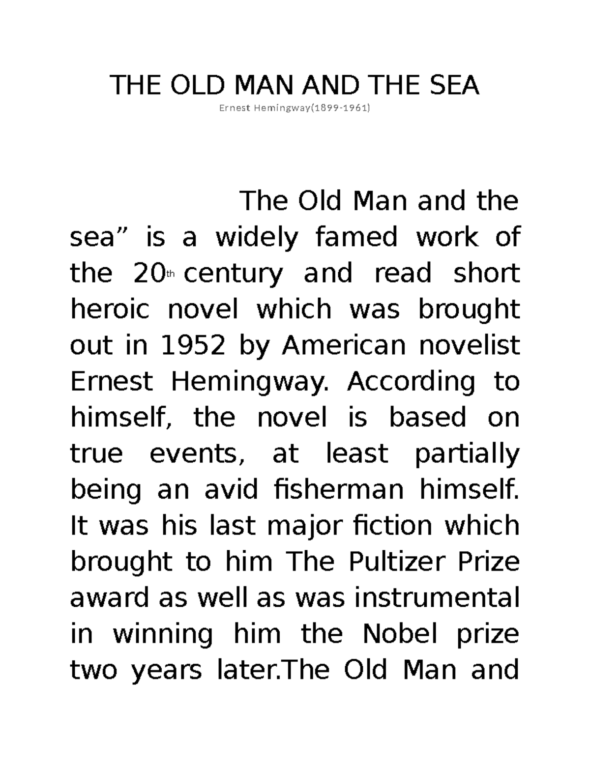 The Old Man And The Sea - THE OLD MAN AND THE SEA Ernest Hemingway(1899 ...