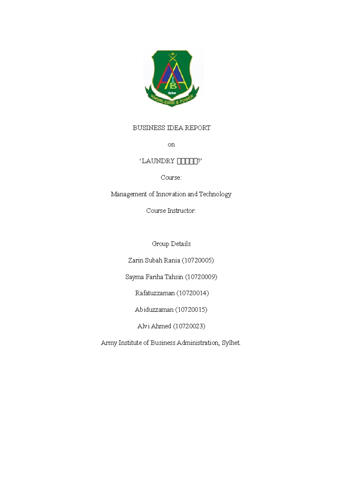 Final MIT Paper - BUSINESS IDEA REPORT on ‘LAUNDRY ললললল?’ Course ...