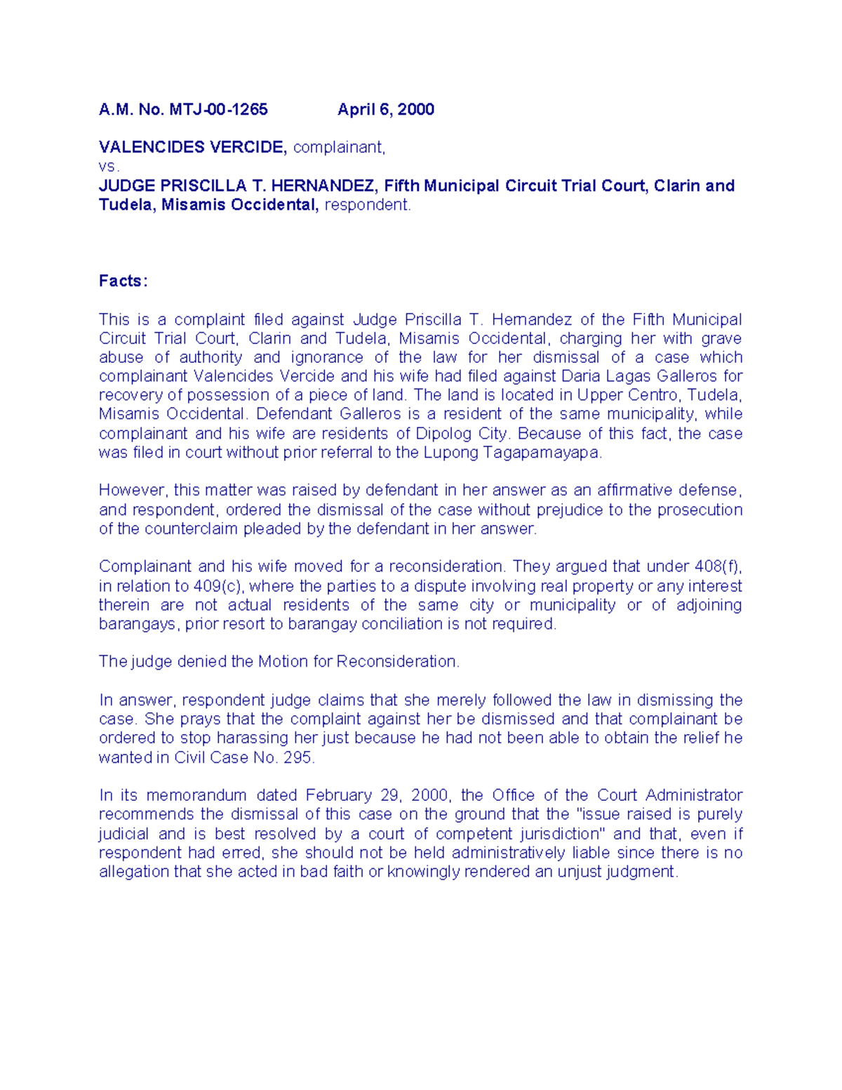16. Vercide vs. Hernandez - A. No. MTJ-00-1265 April 6, 2000 VALENCIDES ...