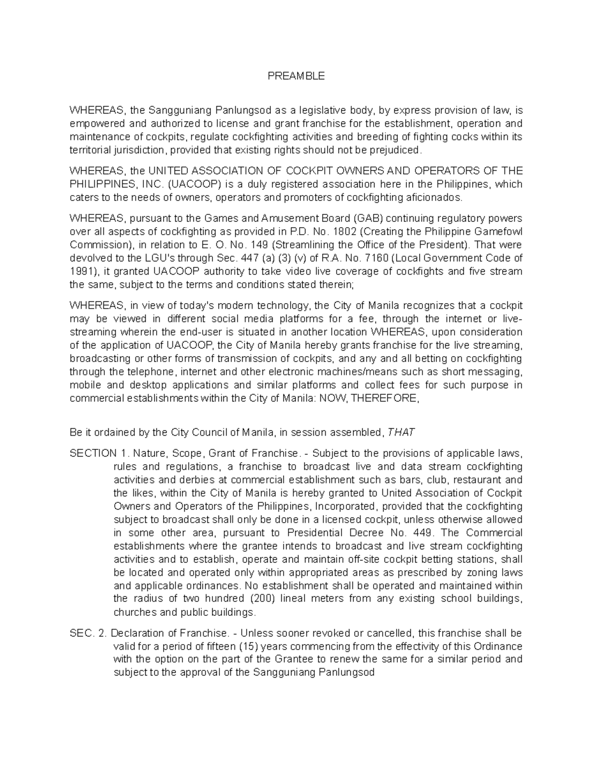 Preamble - yes - PREAMBLE WHEREAS, the Sangguniang Panlungsod as a ...