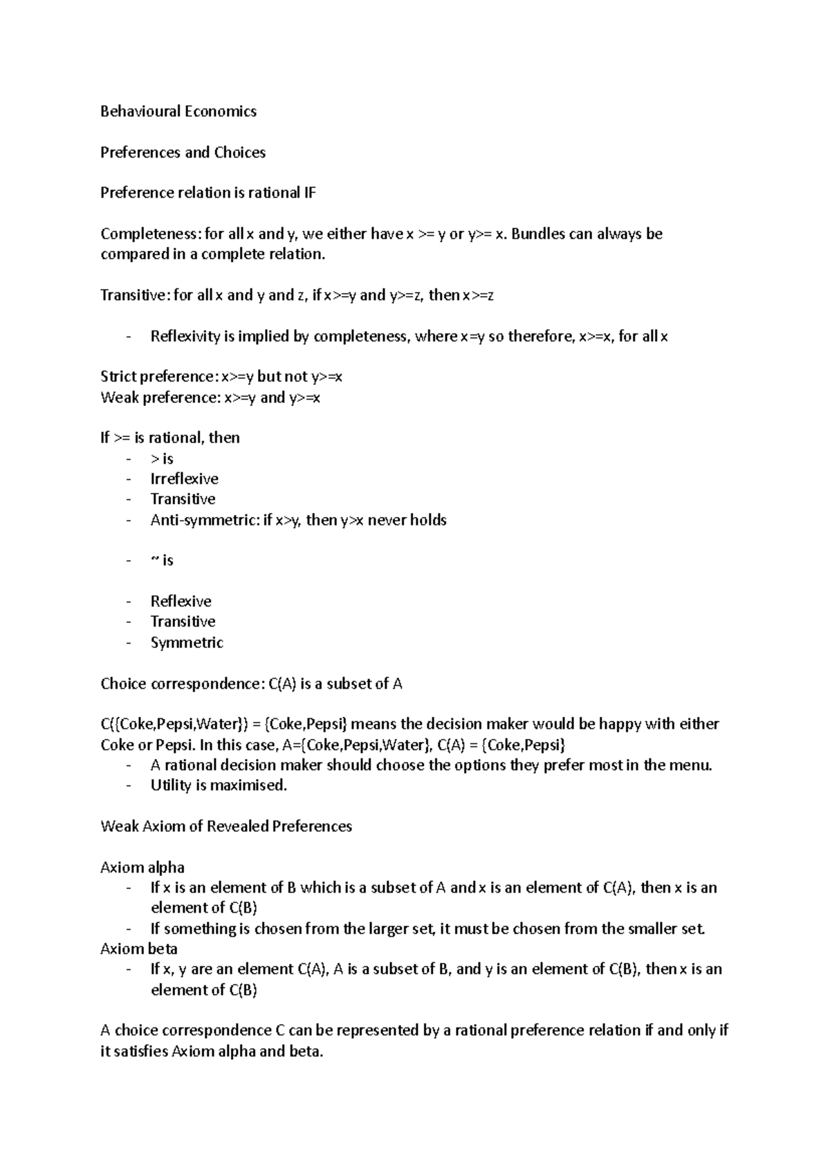 Behavioural Economics notes - Behavioural Economics Preferences and ...