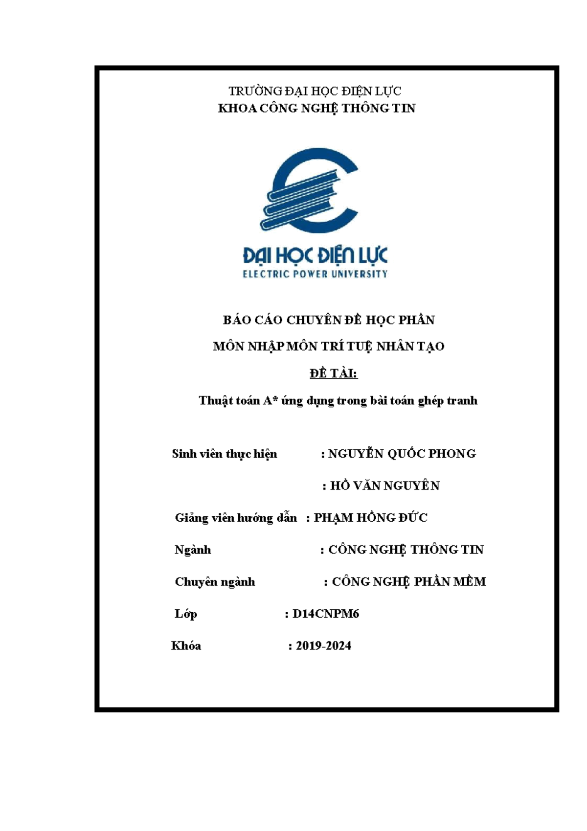 Báo cáo môn trí tuệ nhân tạo - TRƯỜNG ĐẠI HỌC ĐIỆN LỰC KHOA CÔNG NGHỆ ...