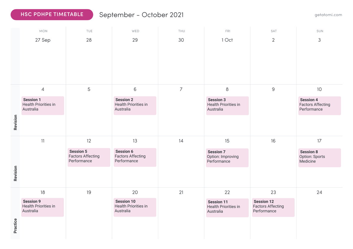 Atomi hsc pdhpe study timetable 2021 - 27 Sep MON TUE 28 WED 29 THU 30 ...