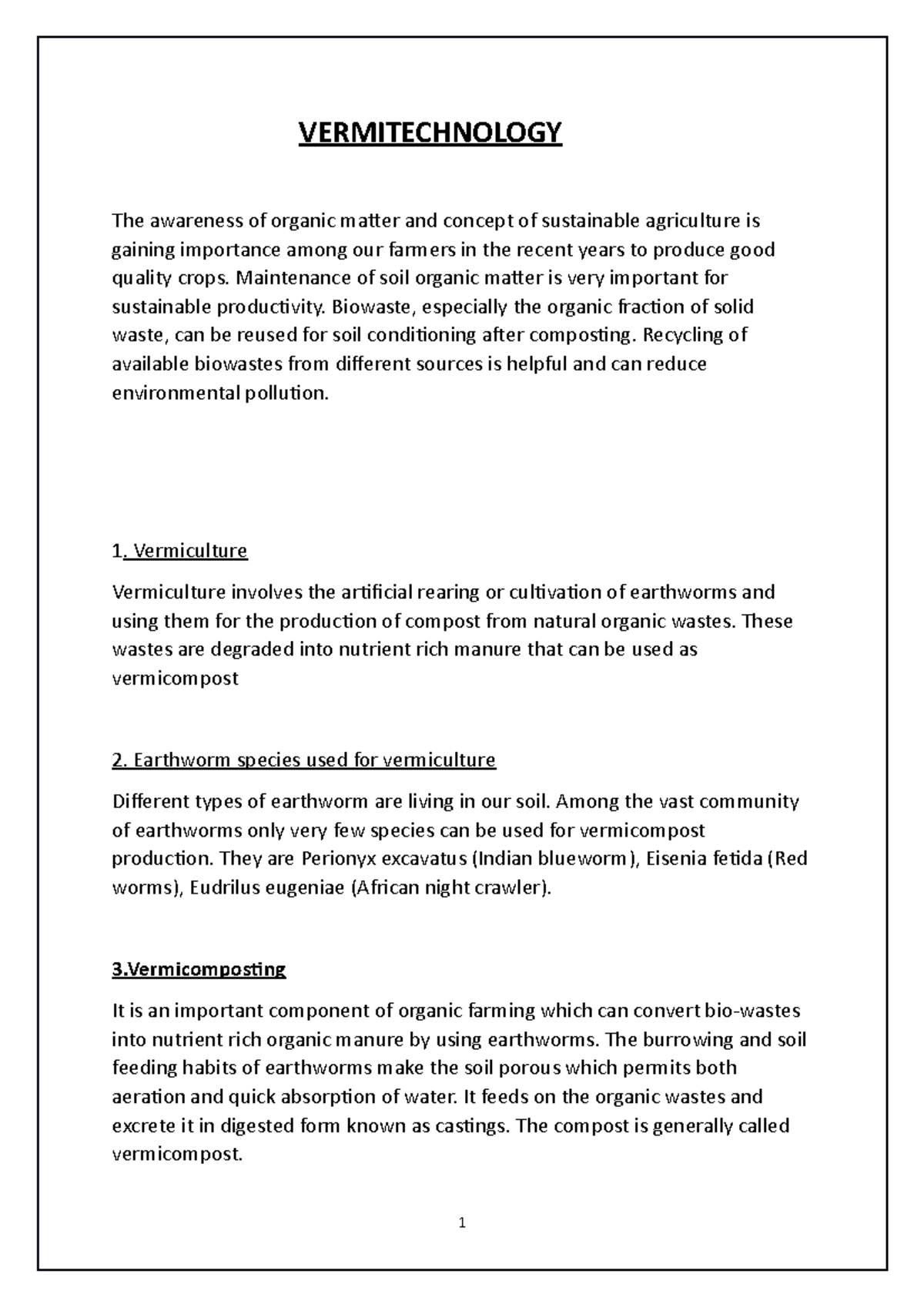 Vermitechnology - Lecture notes 2-3 - VERMITECHNOLOGY The awareness of ...