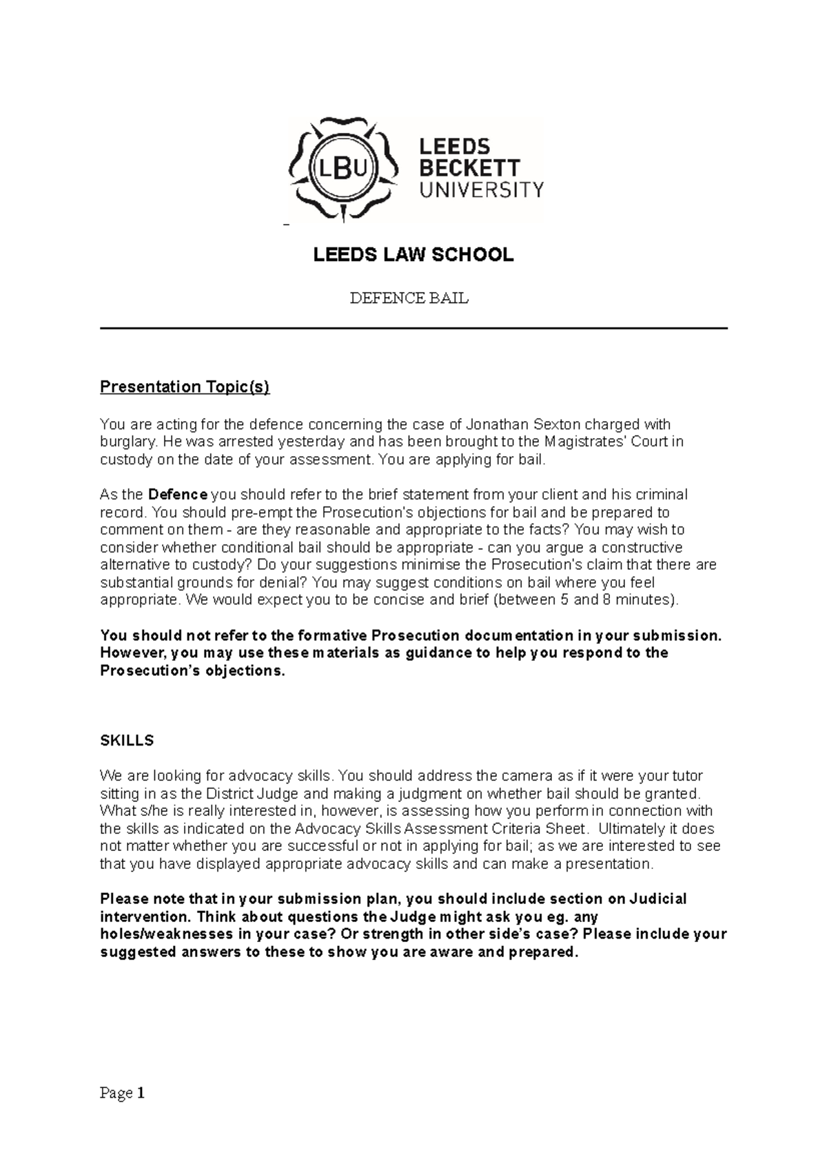 Defence Bail Sexton - assignment brief for application for bail ...