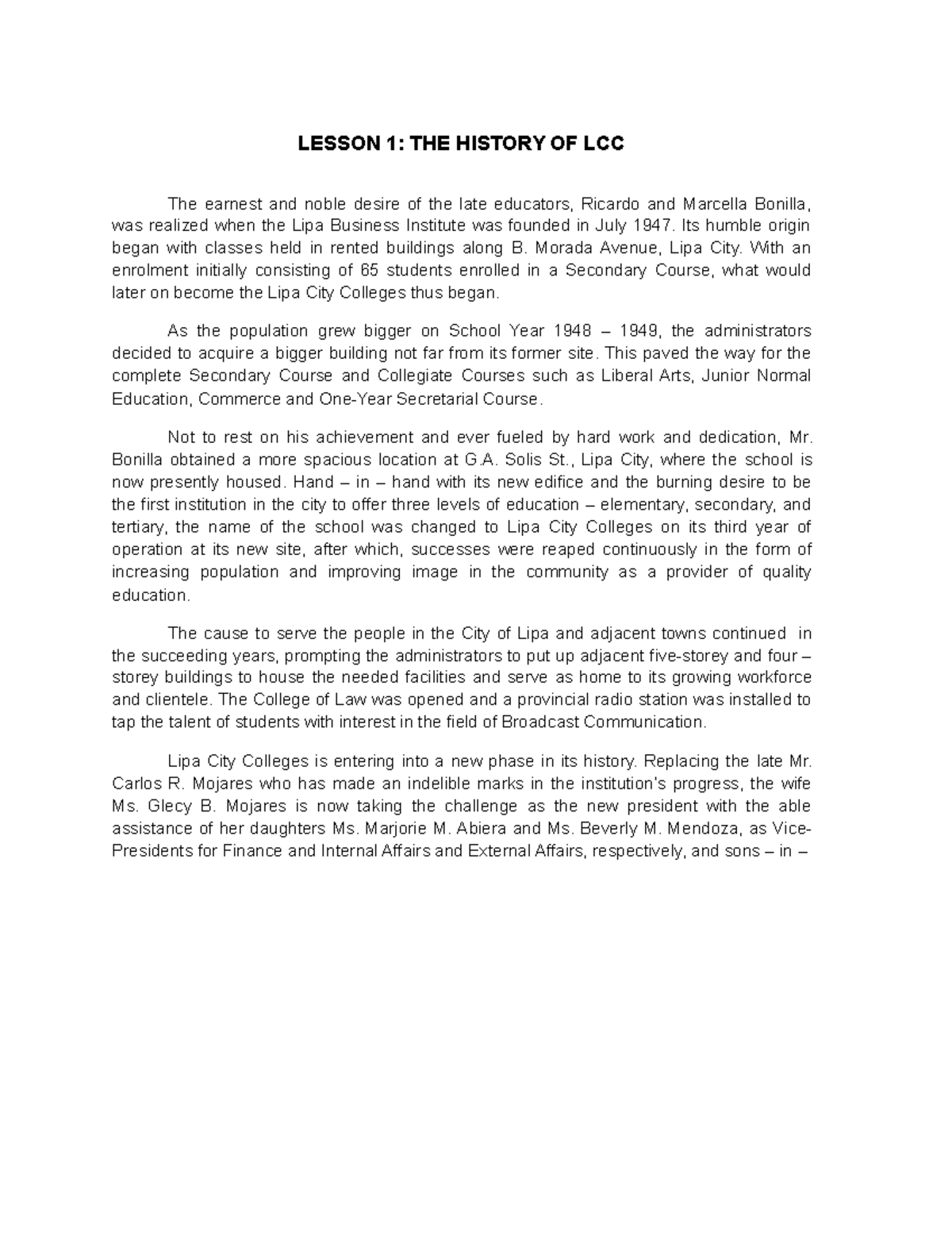 Lccian lect1 - math - LESSON 1: THE HISTORY OF LCC The earnest and ...