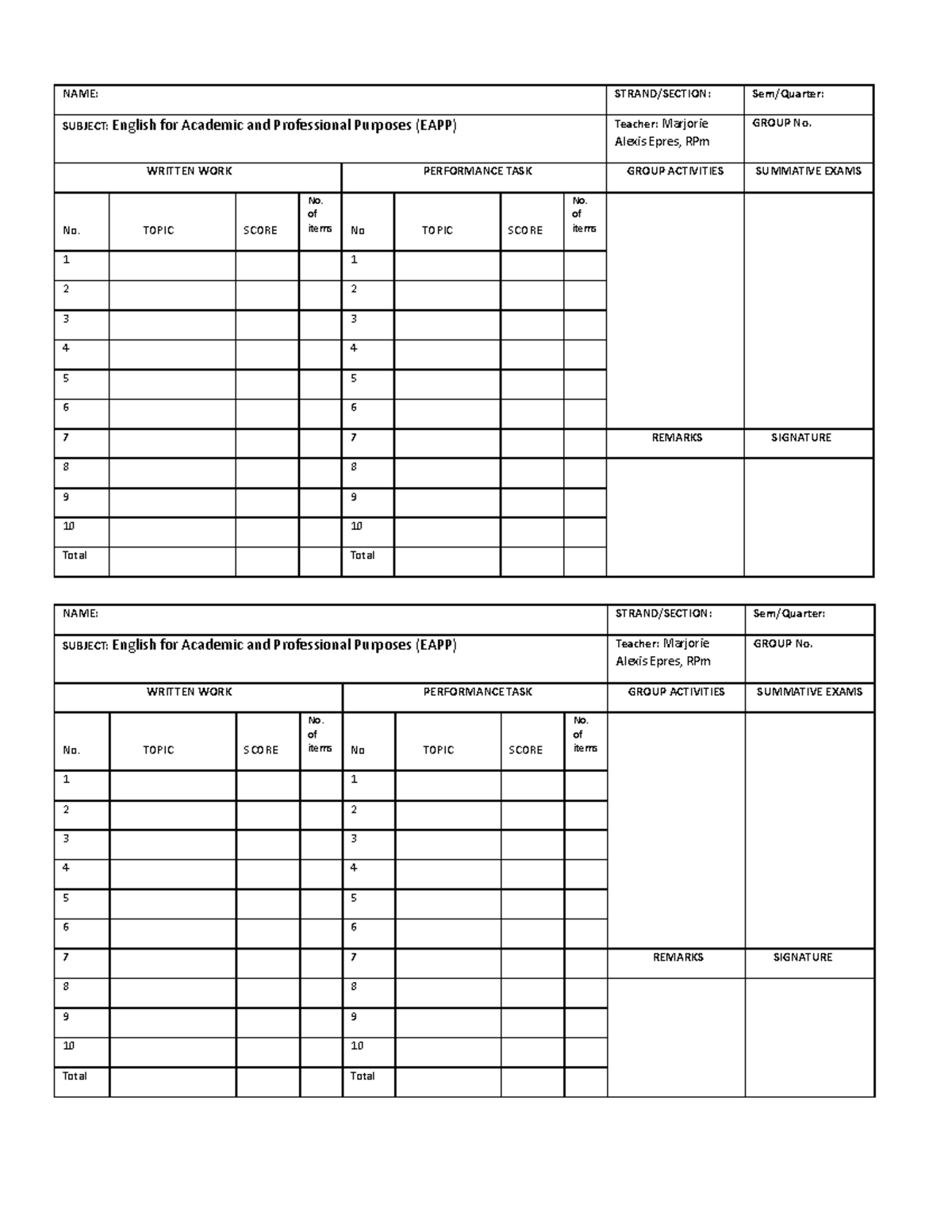 Record- Format - school - NAME: STRAND/SECTION: Sem/Quarter: SUBJECT ...