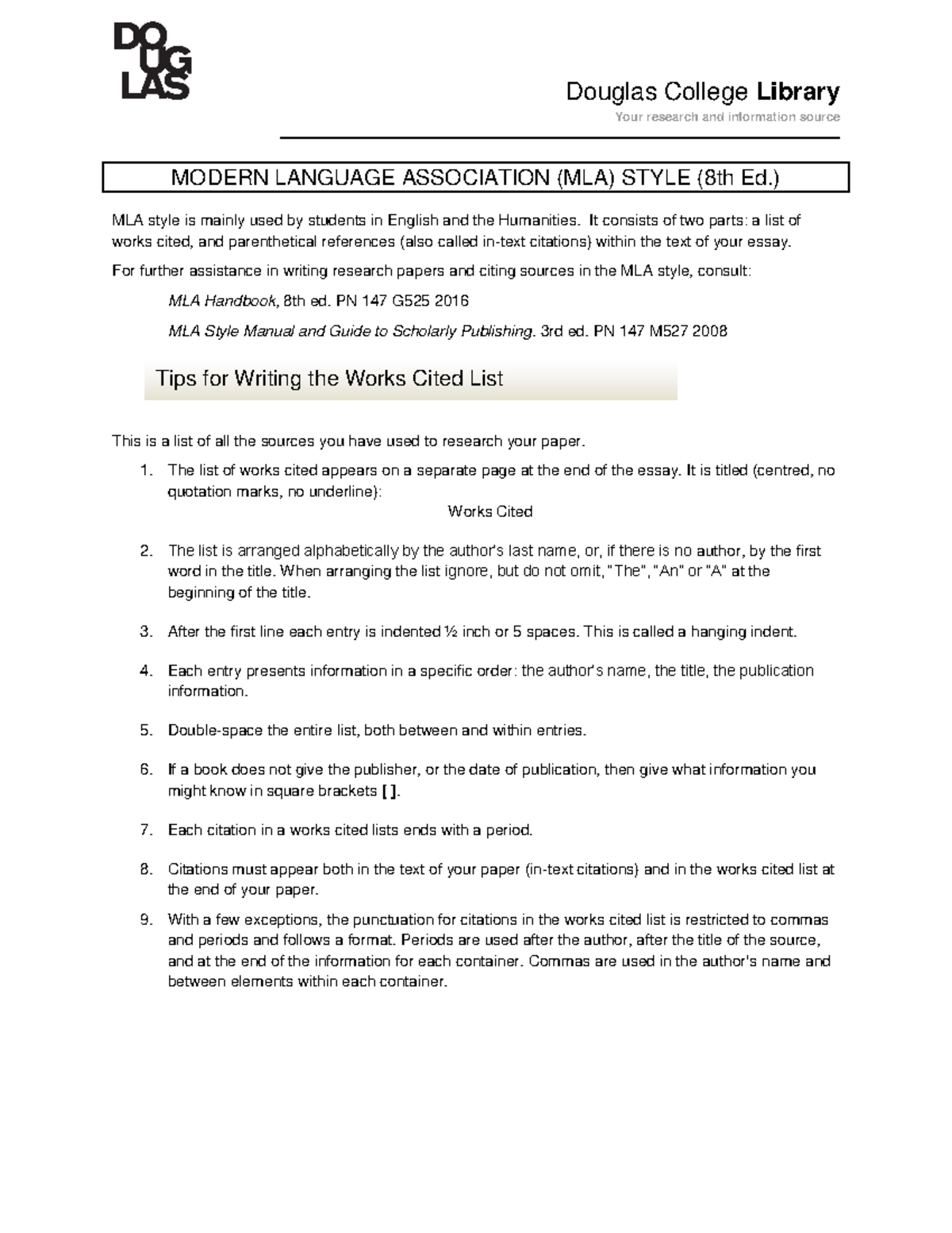 MLA 8th Edition - Douglas College Library Your research and information ...