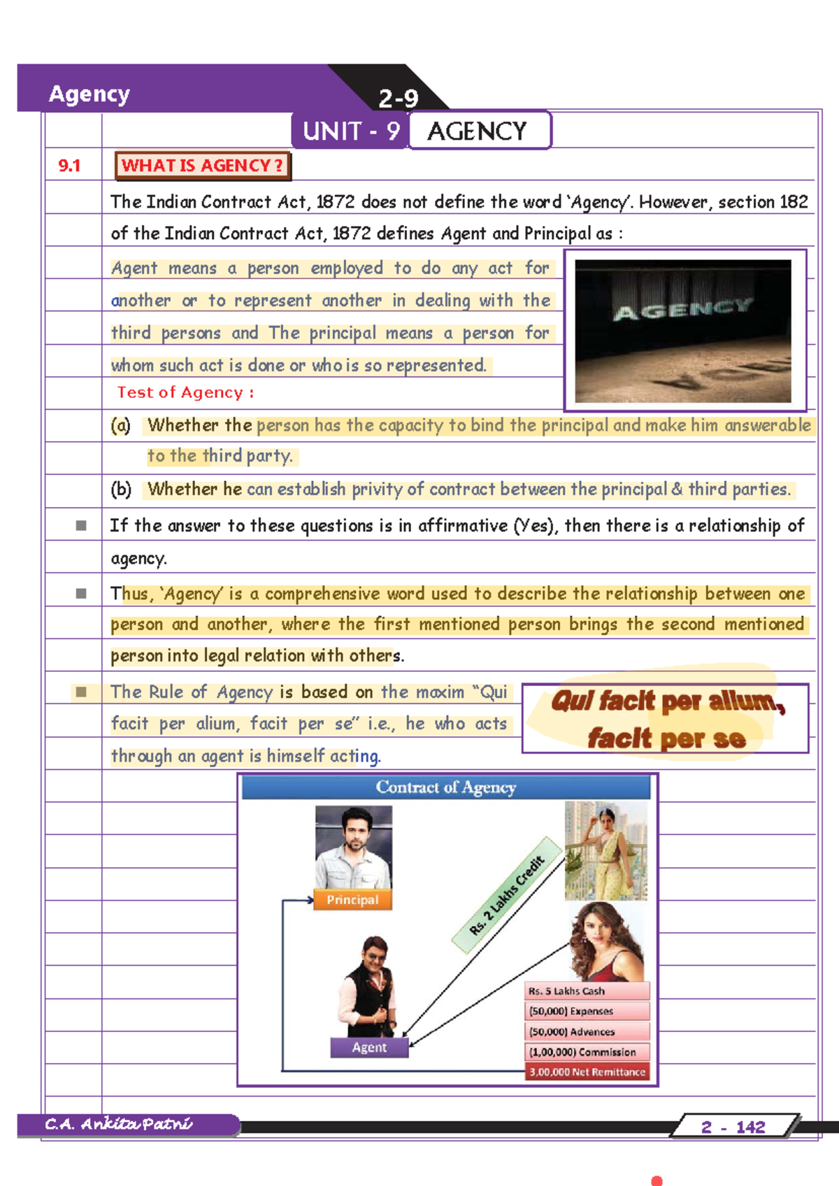 Agency - Summary ca foundation - C. Ankita Patni 2 - 142 Agency 2- UNIT - 9 AGENCY 9 WHAT IS ...