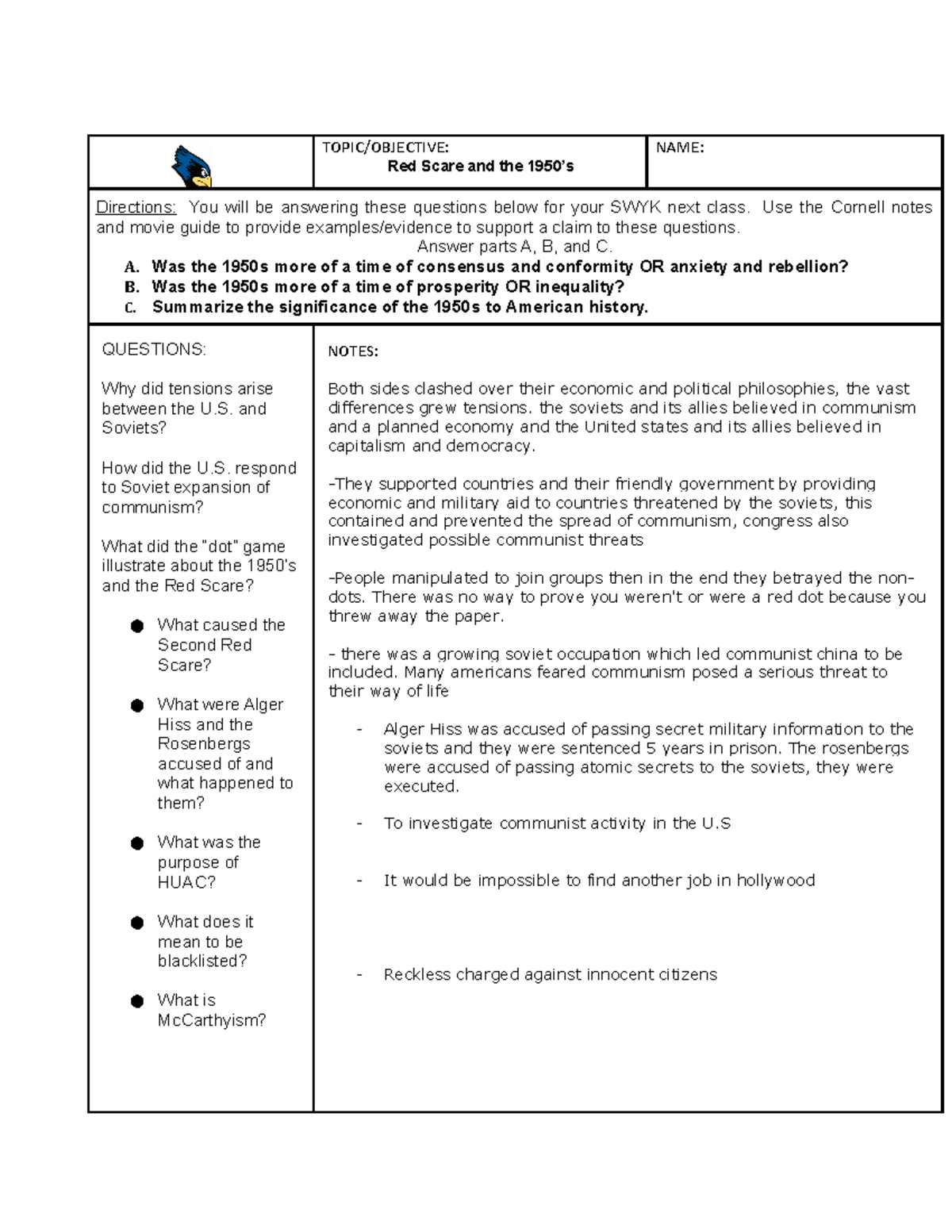 red scare notes - TOPIC/OBJECTIVE: Red Scare and the 1950’s NAME ...